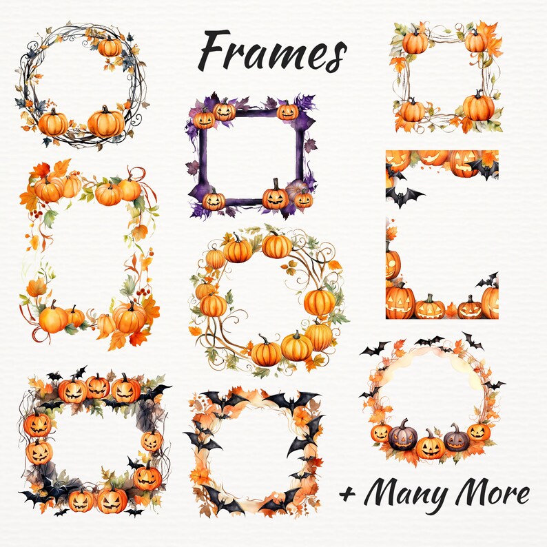 Watercolor Halloween Frames Clipart, Pumpkins Ghosts Cats Bats Art ...