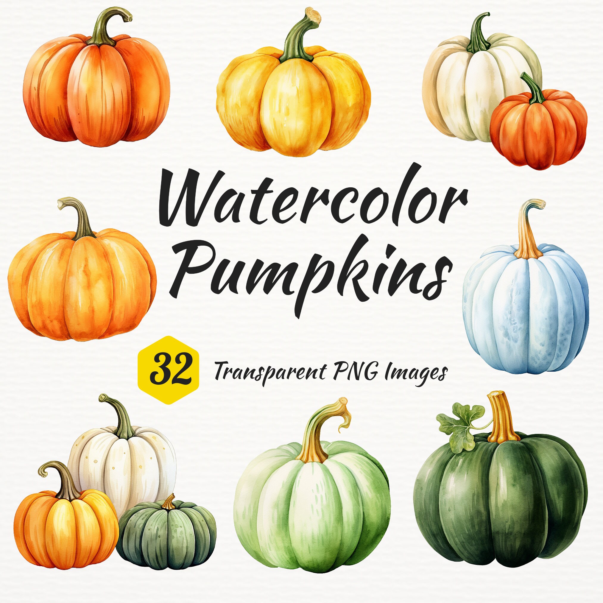 Watercolor Fall Pumpkins Clipart, Squash Gourd Harvest Art, Transparent ...