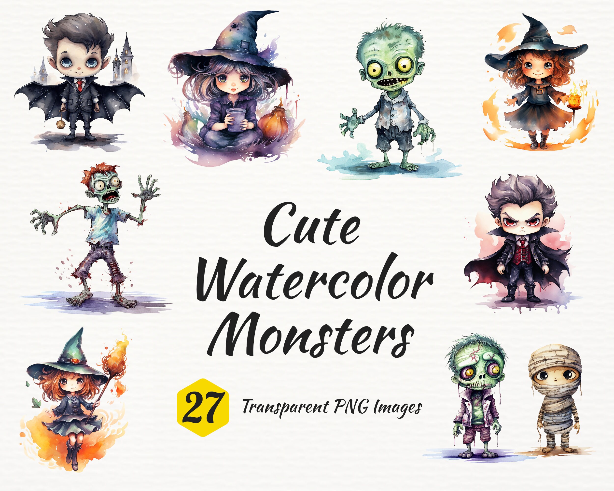 Watercolor Cute Monsters Clipart, Spooky Vampires Witches Zombies ...