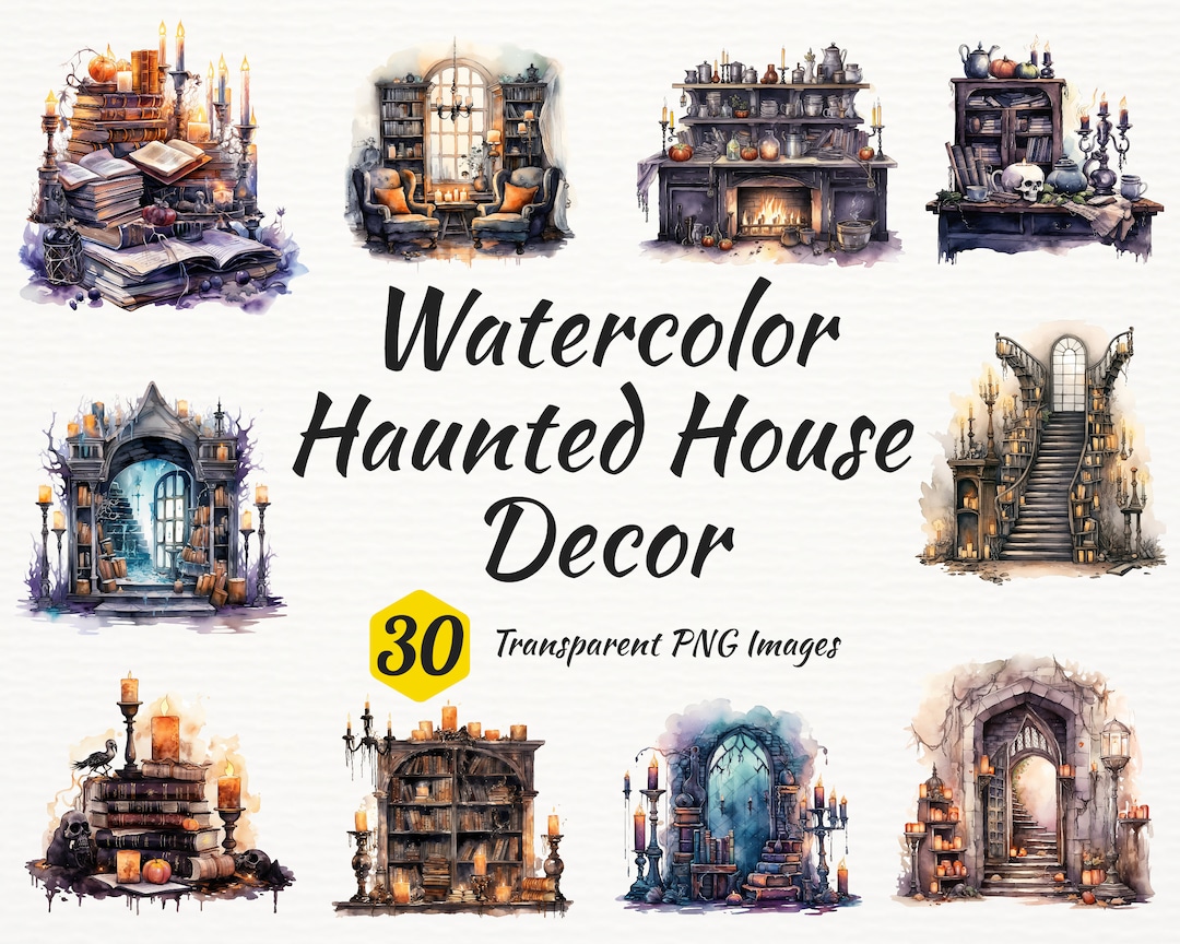 Watercolor Haunted House Decor Clipart, Halloween Spooky Churches Attic ...