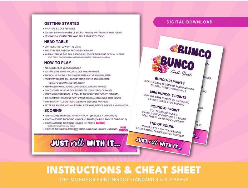 Printable BUNCO Bundle Score Cards, Table Tally, Rules/cheat Sheet ...