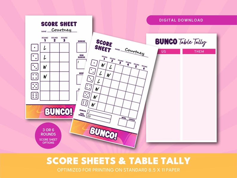 Printable BUNCO Bundle Score Cards, Table Tally, Rules/cheat Sheet ...