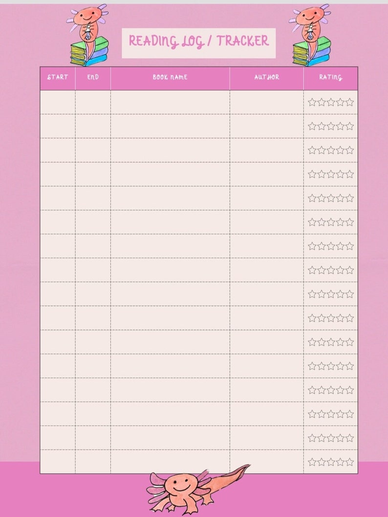 Axolotl Reading Log & Tracker Printable PDF Instant Digital Download ...