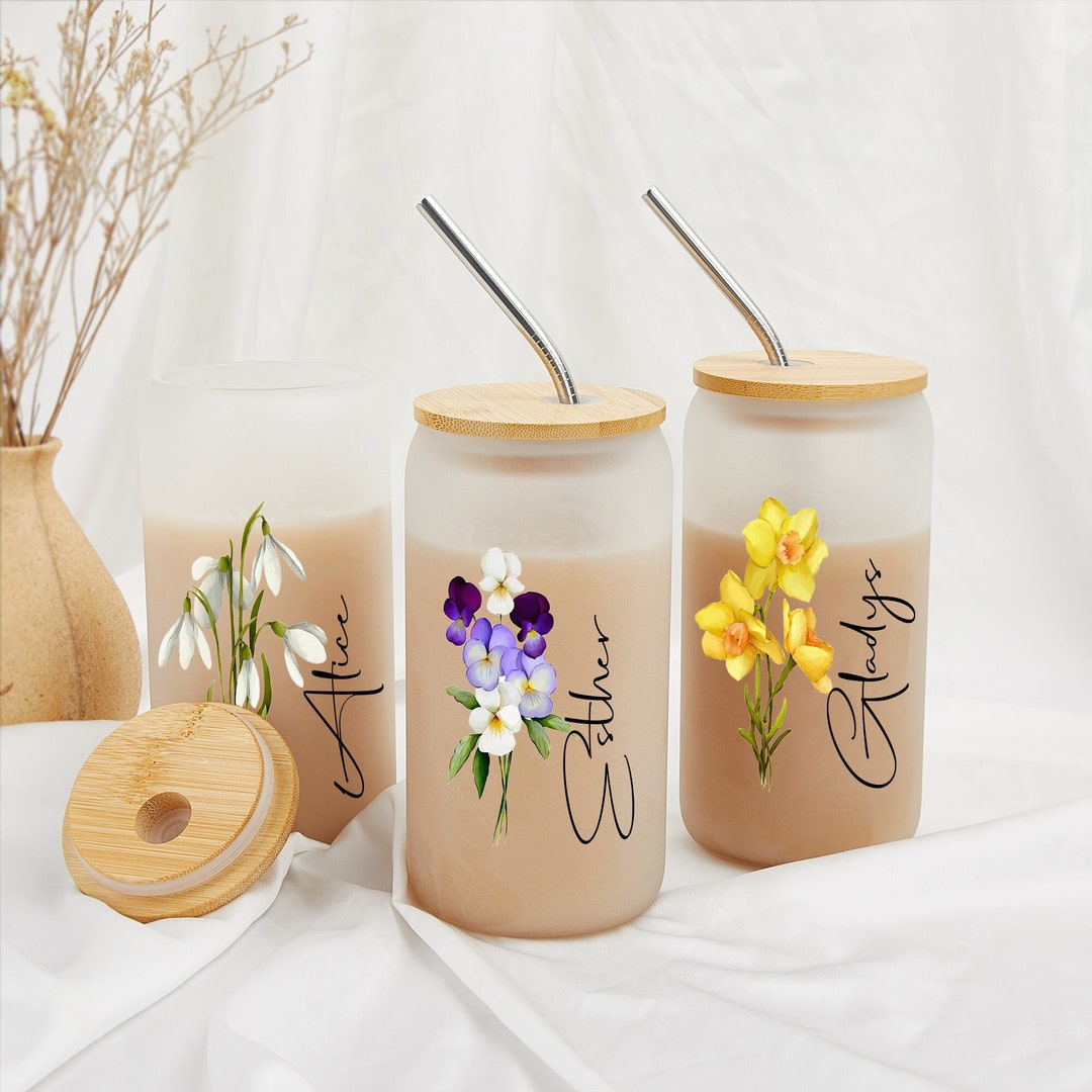 Personalized Birth Flower Coffee Cup With Name, Birth Flower Glass ...