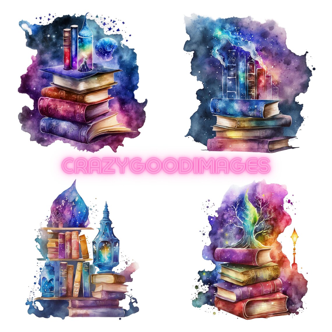Watercolor Fantasy Books Clipart-galaxy Wizard Book Stacks & - Etsy