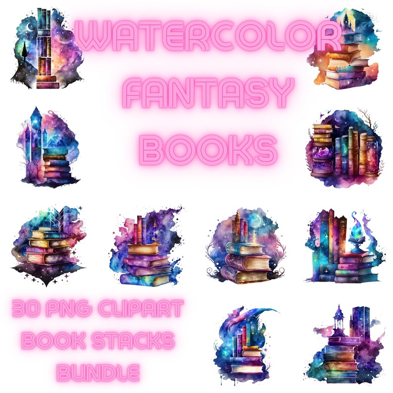 Watercolor Fantasy Books Clipart-galaxy Wizard Book Stacks & - Etsy