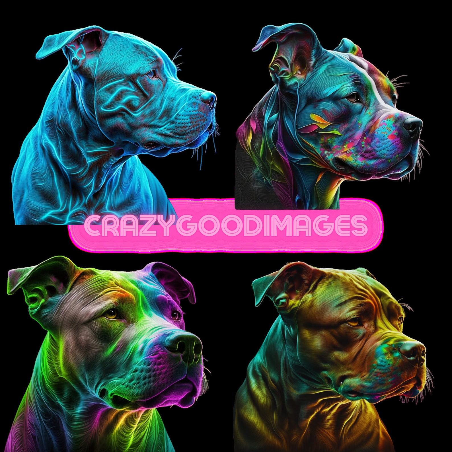 Neon Colored Realistic Pitbulls-pitbull Clipart-fantasy Neon - Etsy