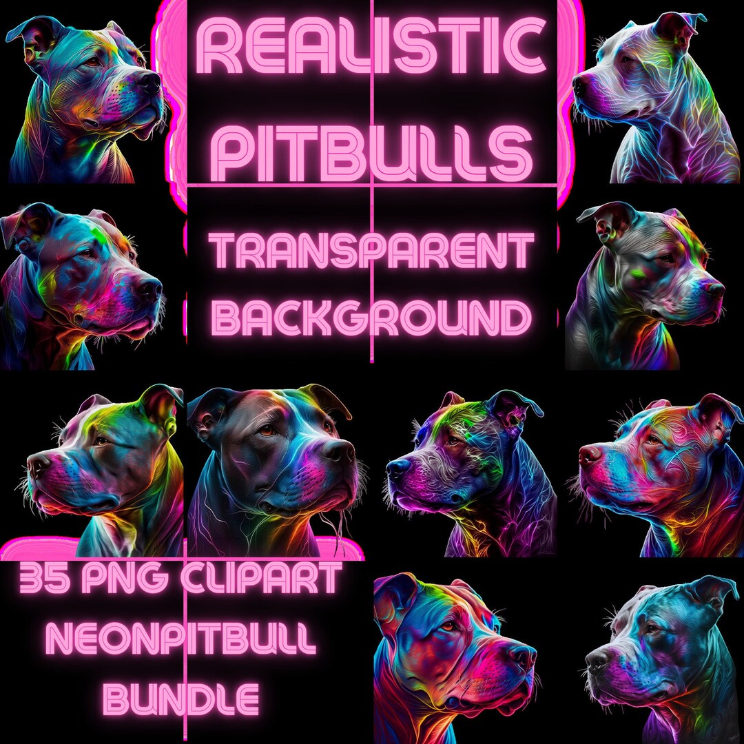 Neon Colored Realistic Pitbulls-pitbull Clipart-fantasy Neon - Etsy