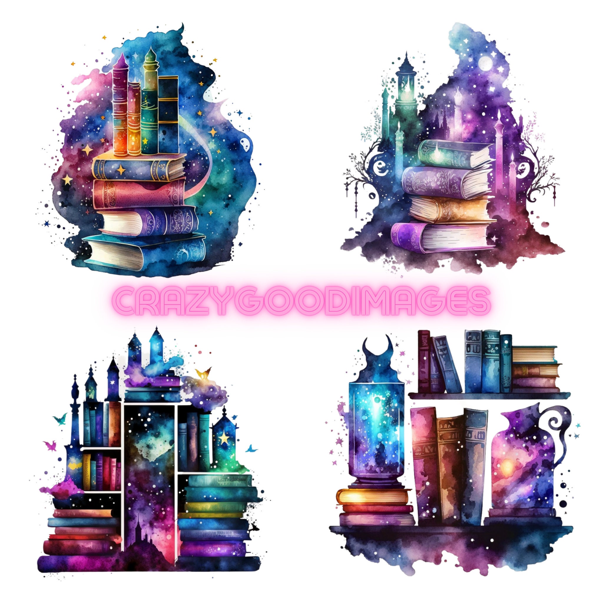 Watercolor Fantasy Books Clipart-galaxy Wizard Book Stacks & - Etsy