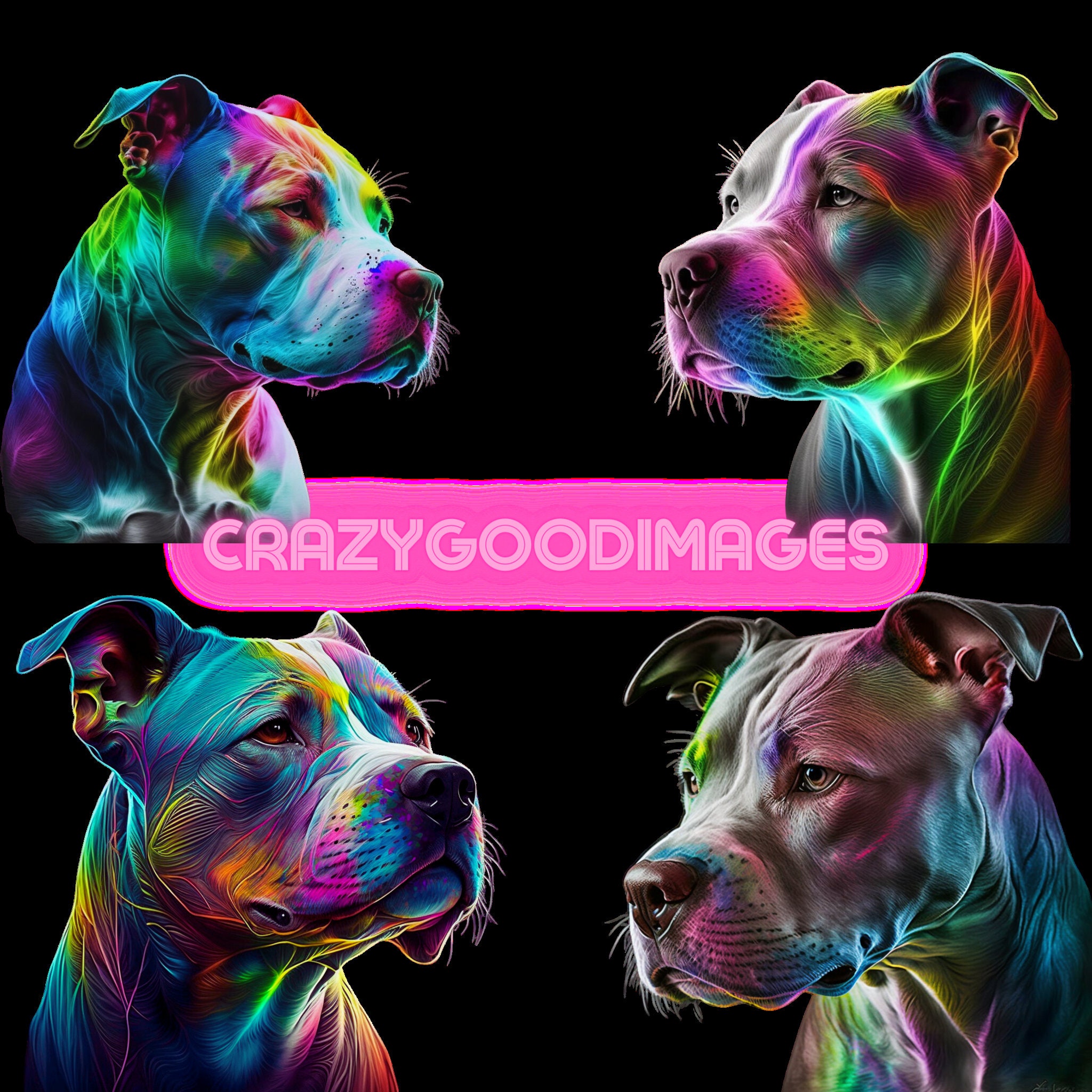 Neon Colored Realistic Pitbulls-pitbull Clipart-fantasy Neon - Etsy