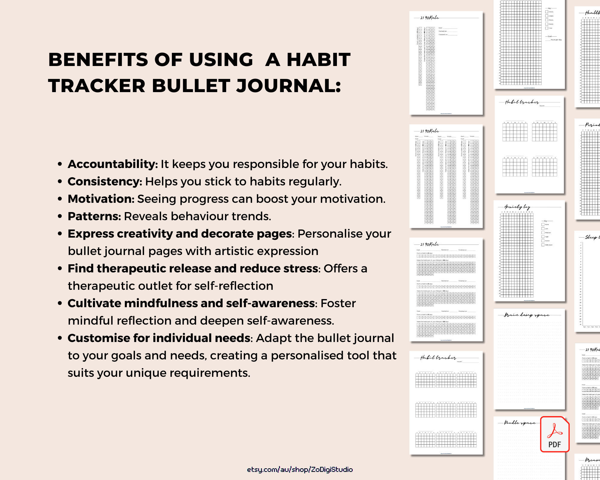 Habit Tracker Pre-made Bullet Journal Printable 21 90 Rule Self Care 5 Pages PDF Download - Etsy