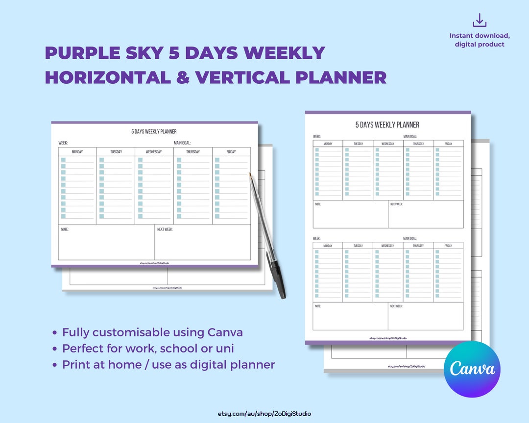 Weekly Planner Printable 5 Days Planner Work Planner School Planner ...