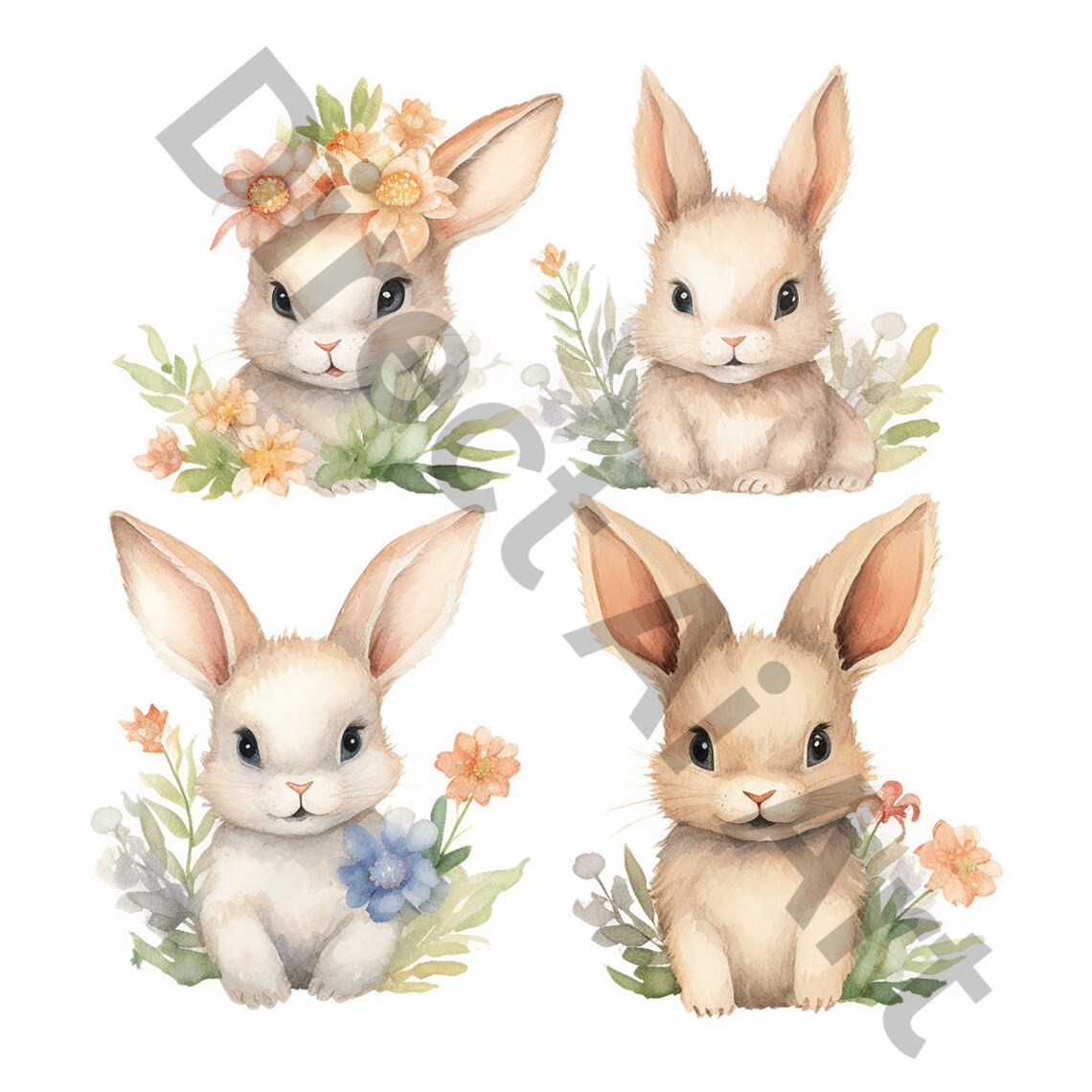 Watercolor Baby Bunnies With Flowers, 42 Images, 300DPI, Commercial Use ...