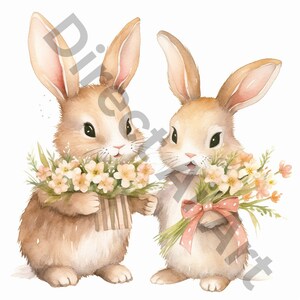 Watercolor Baby Bunnies With Flowers, 42 Images, 300DPI, Commercial Use ...