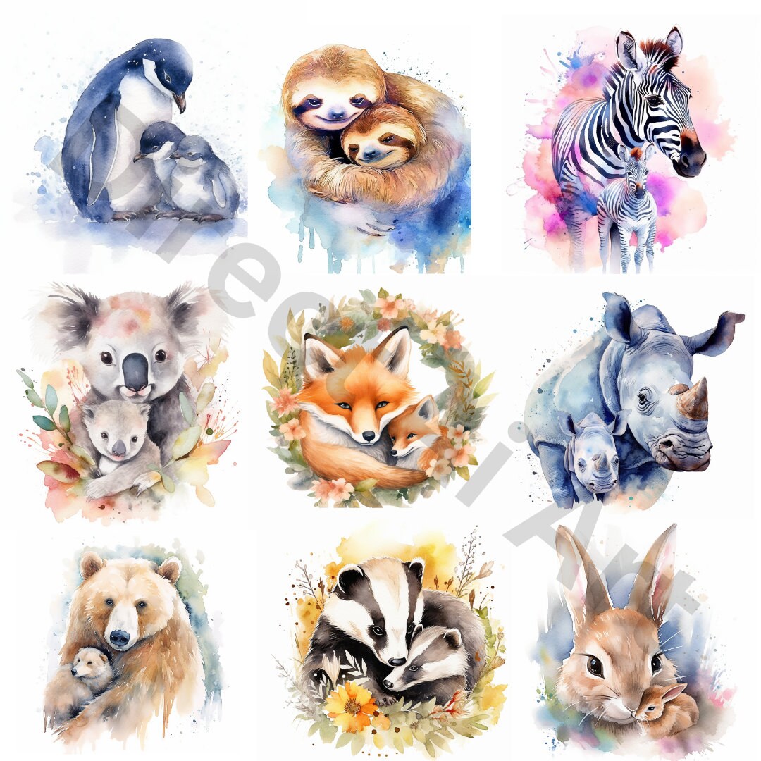 Watercolor, Clip Art, Baby Animals With Mother, Cuddling, PNG ...