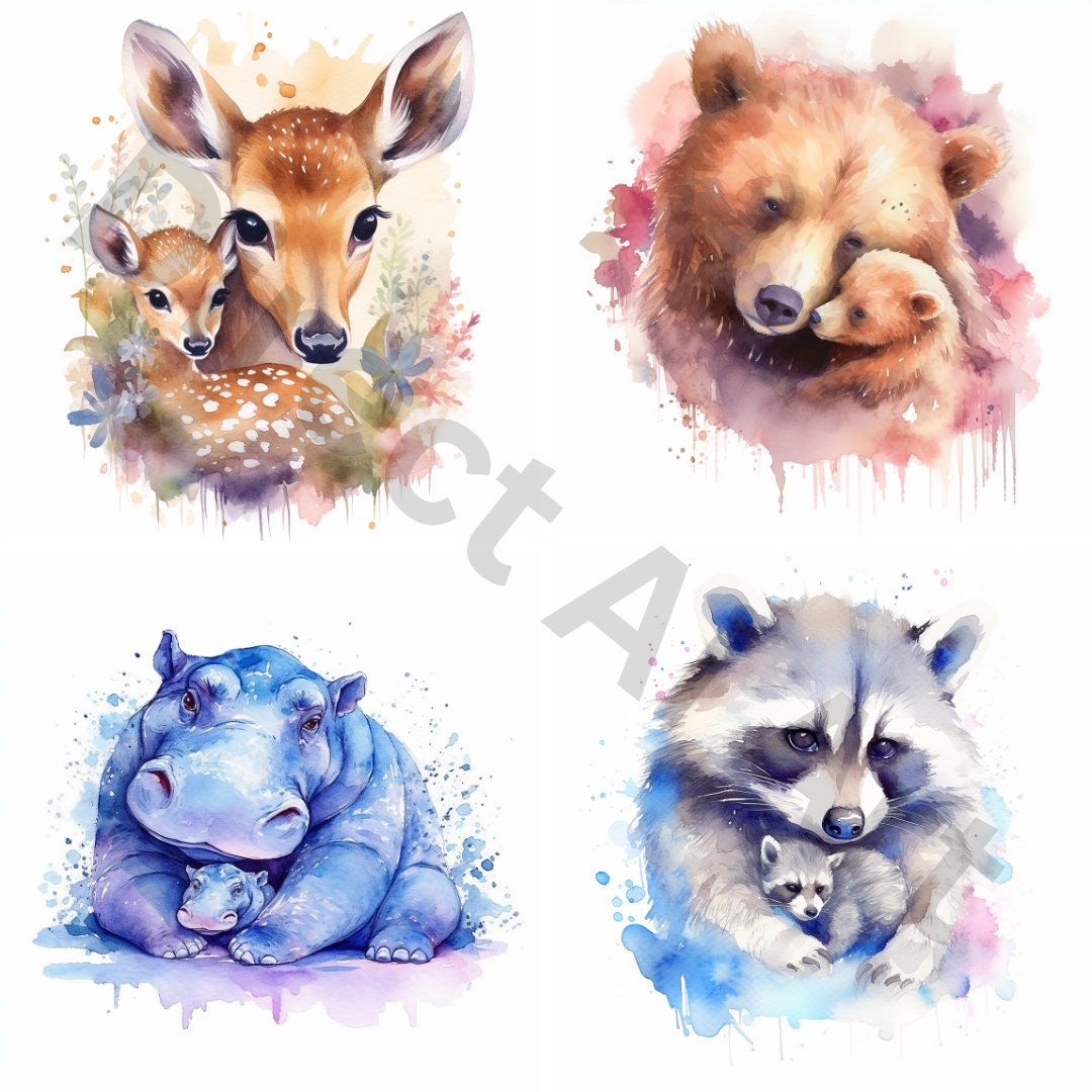 Watercolor, Clip Art, Baby Animals With Mother, Cuddling, PNG ...