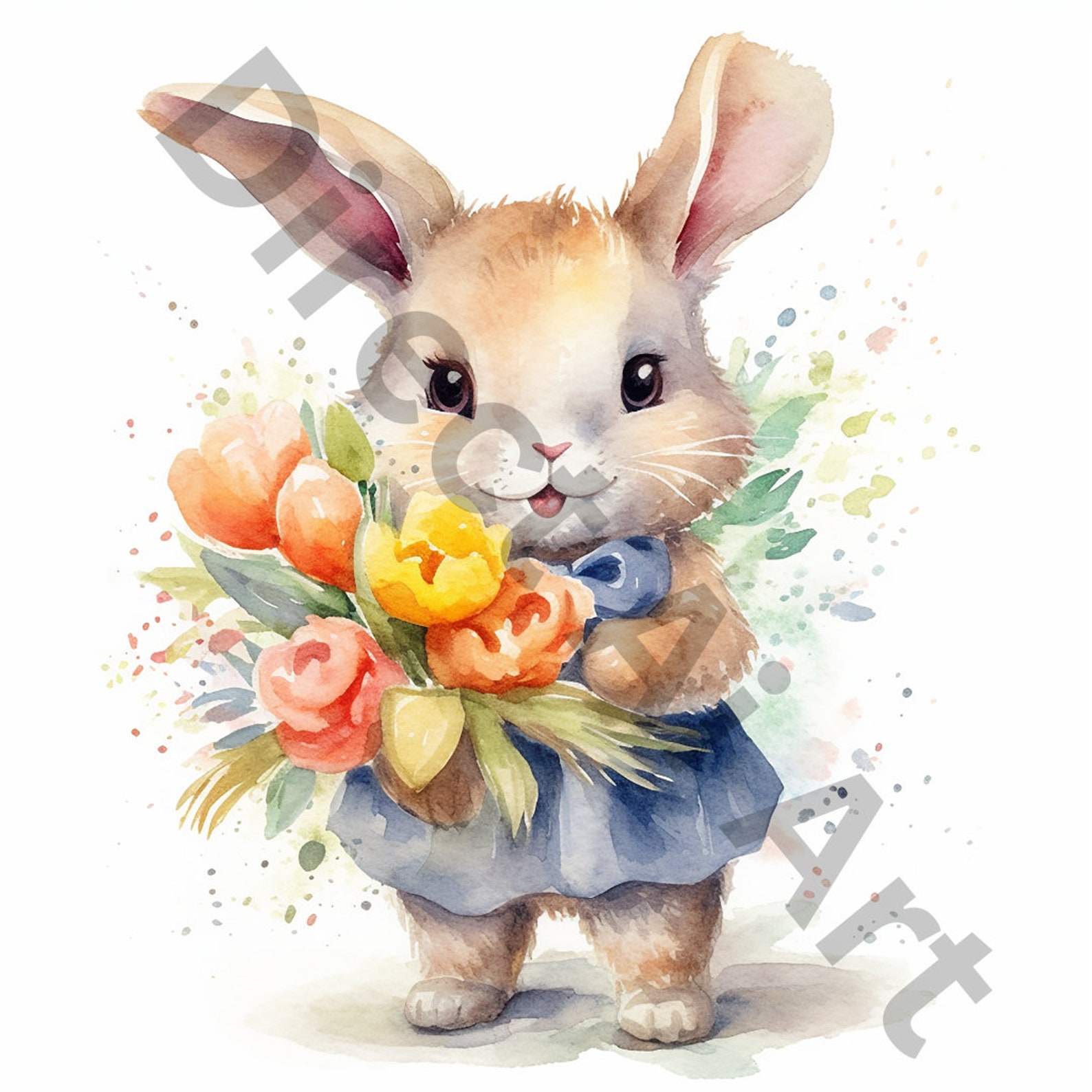 Watercolor Baby Bunnies With Flowers, 42 Images, 300DPI, Commercial Use ...