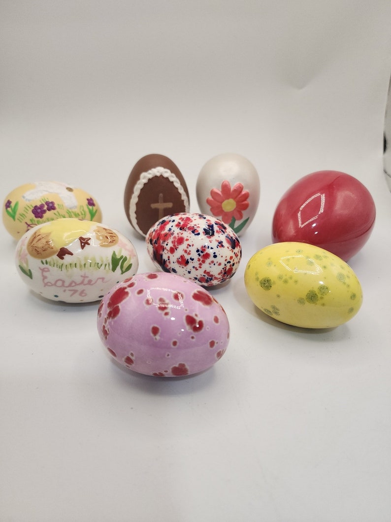 Hand Painted Ceramic Eggs and Basket - Etsy