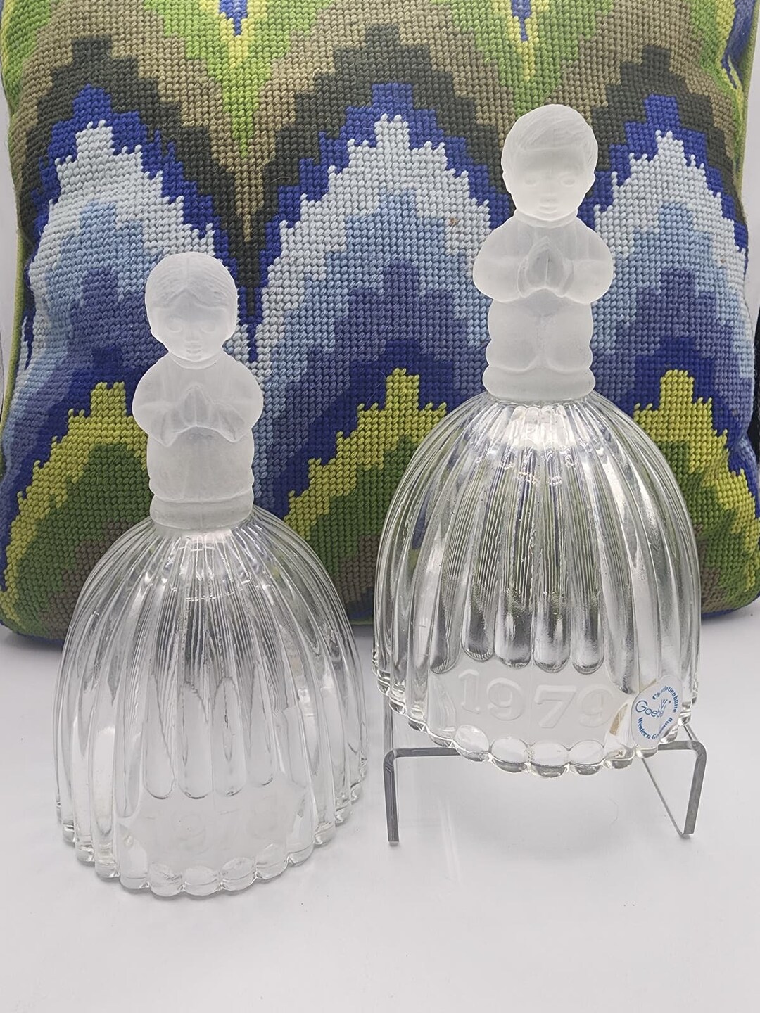 2 Goebel Crystal Glass Bells Praying Girl (1978) & Boy (1979) Frosted ...