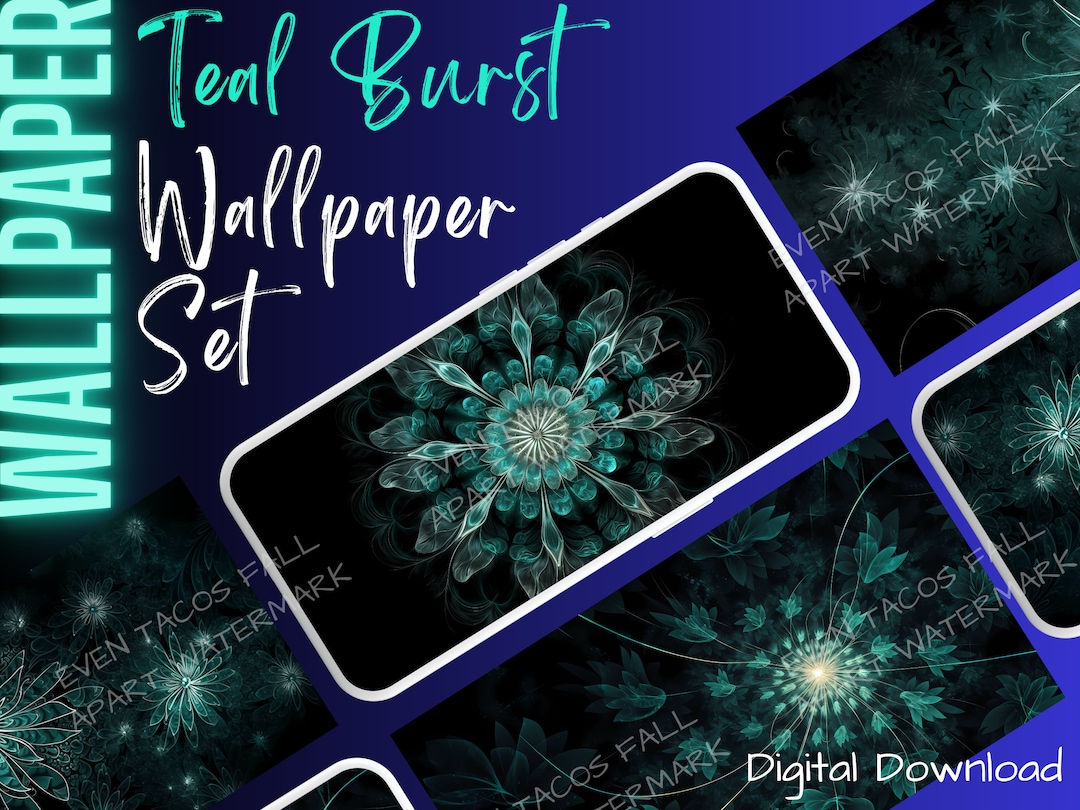 Teal Floral Star Burst Wallpaper Set for Desktop and Phone | Digital ...