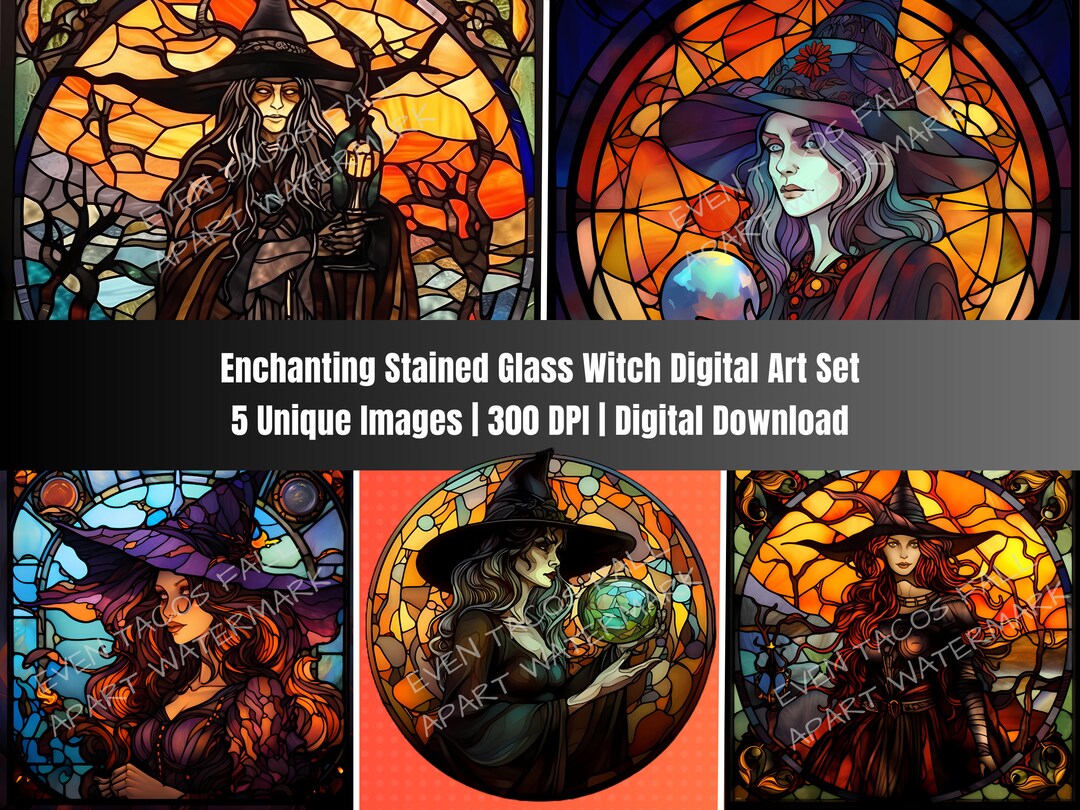 Enchanting Stained Glass Witch Artwork Set | Digital Download | 300 DPI ...