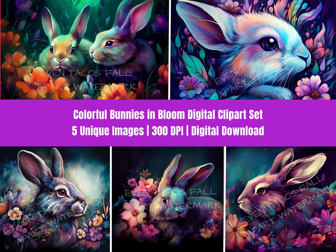 Colorful Bunnies in Bloom Digital Artwork Set | Clipart Download | 300 ...