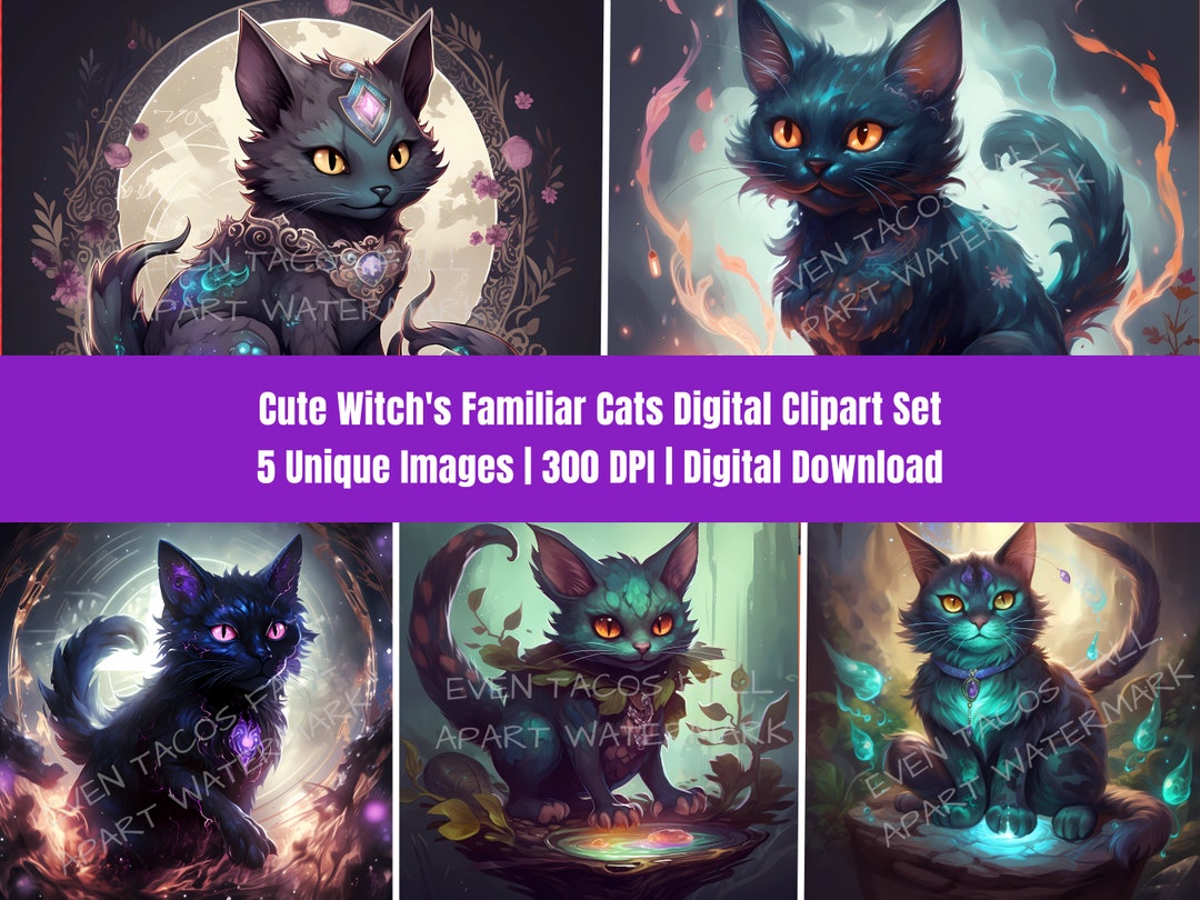 Cute Witch's Familiar Cats Digital Art Set | Digital Clipart Download ...