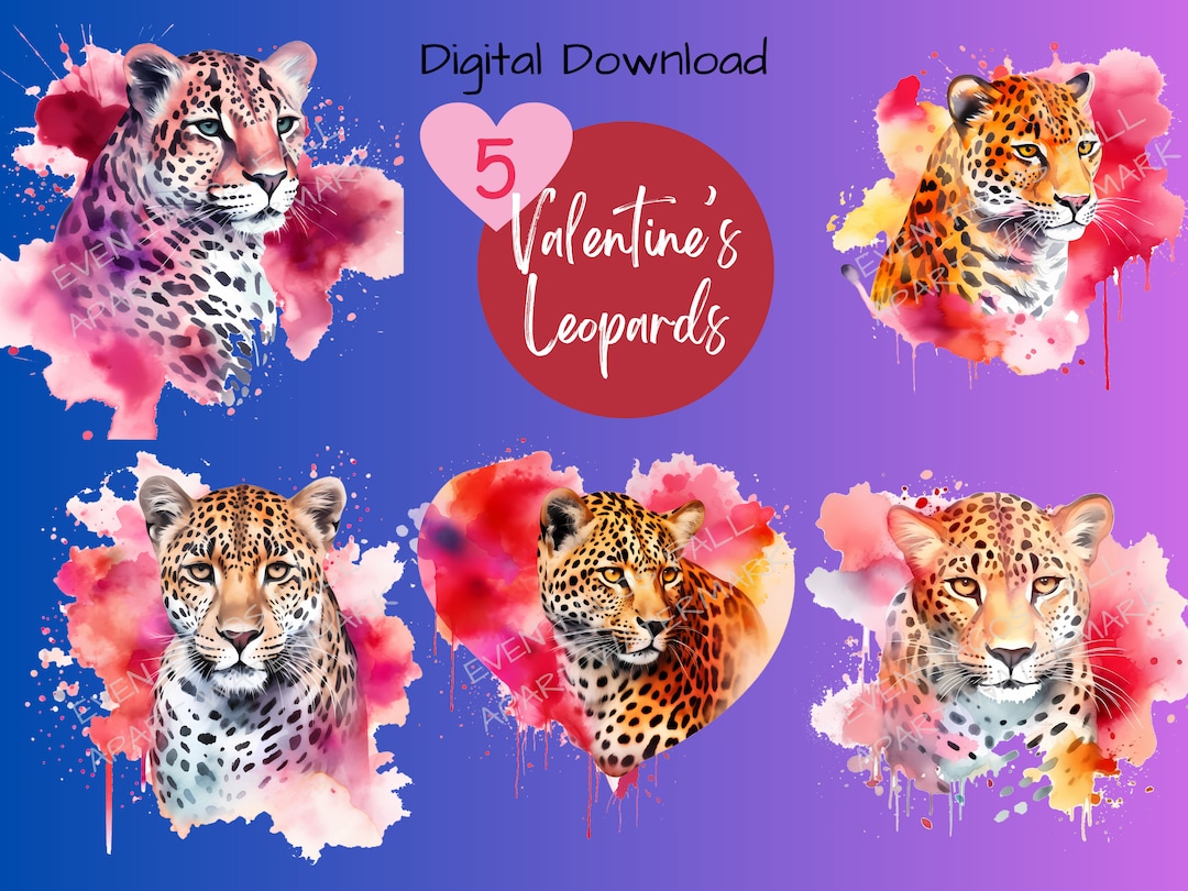 Valentine's Day Watercolor Leopards Clipart Set: Purr-fect Love Edition ...