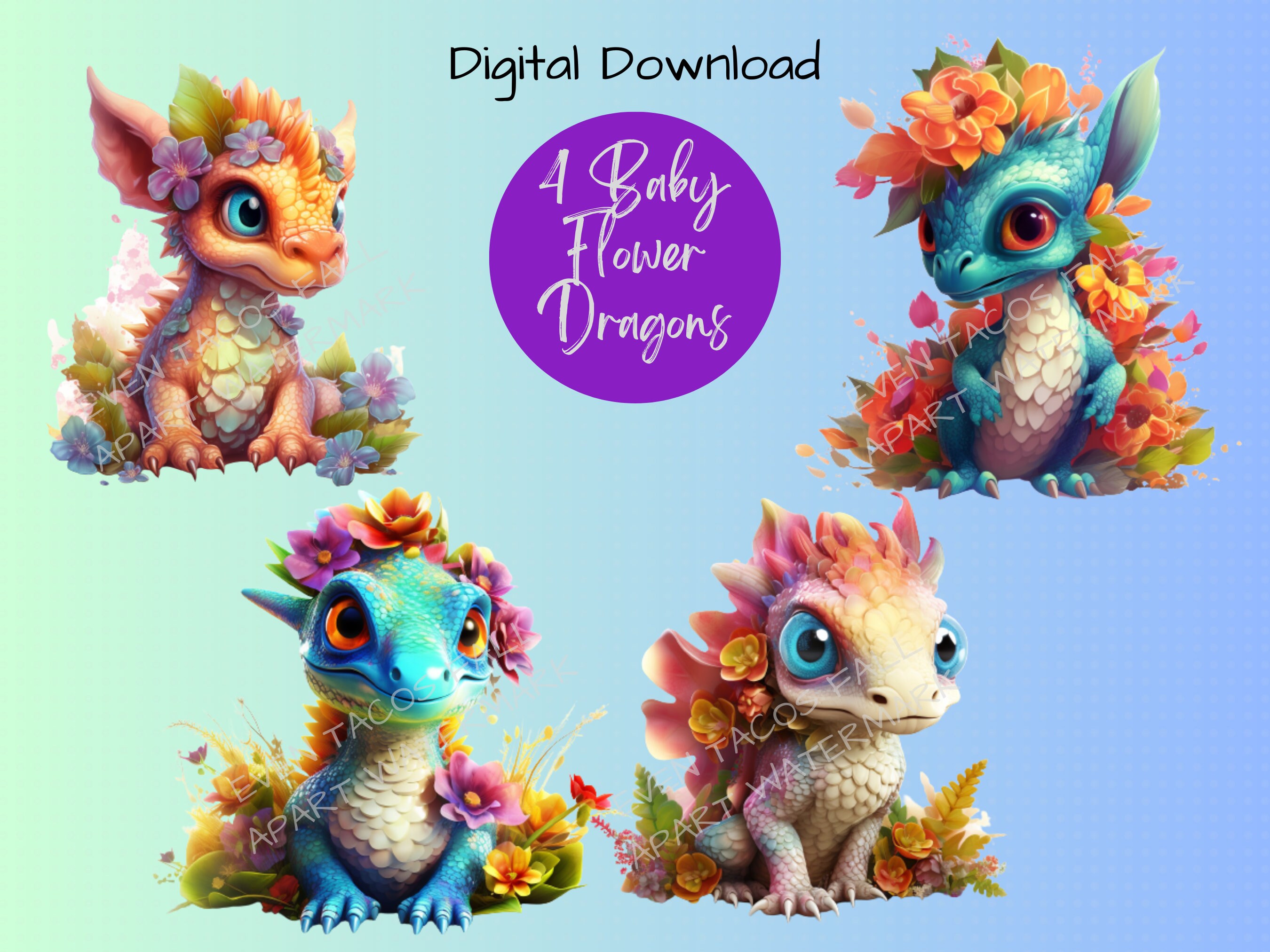 Sweet Baby Flower Dragons, Dragon PNG, Clipart, PNG Digital, Adorable ...