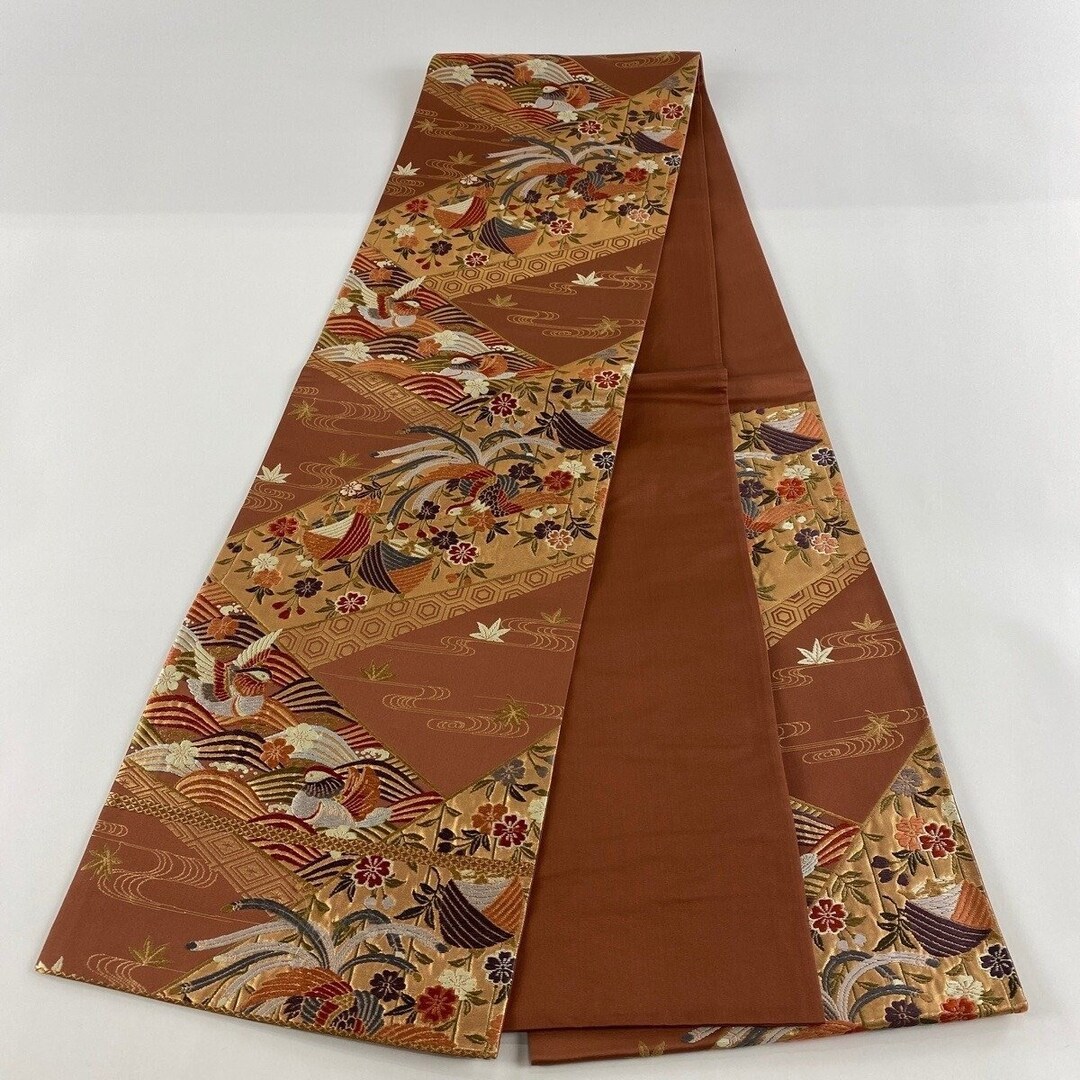 Fukuro Obi in Silk With Flower and Bird Designs With Brown Background ...