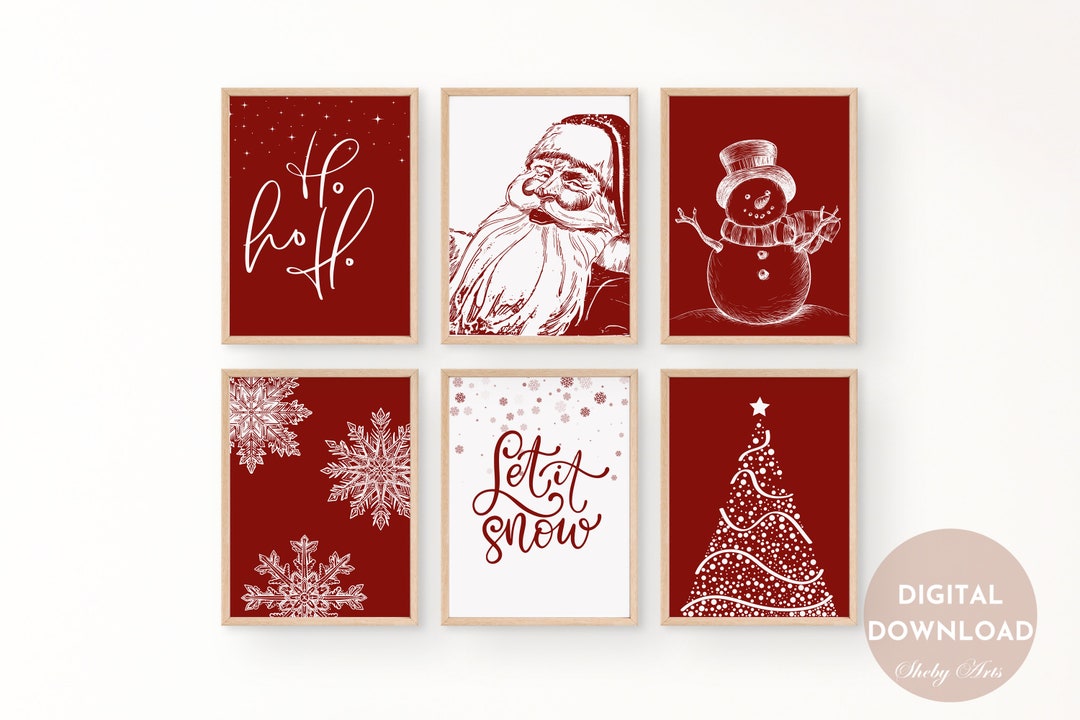 Red Christmas Gallery Wall Art Set-red Christmas Wall Art Bundle-red ...