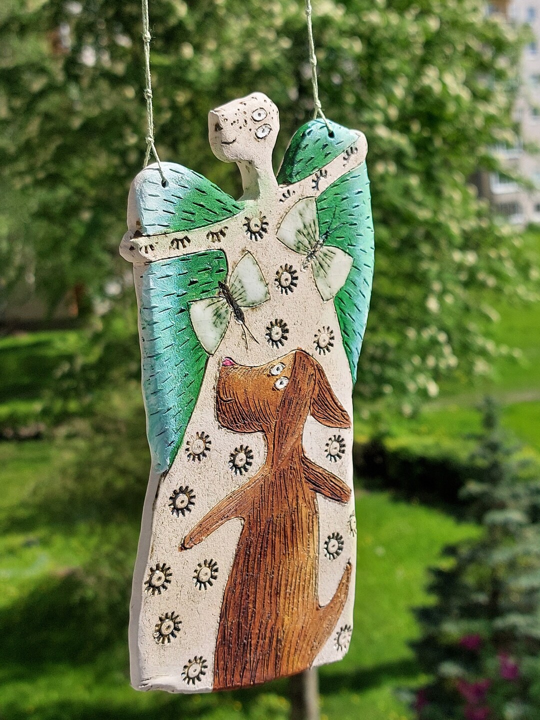 Angel With Dog - Ceramic Figurine, Wall Hanging Home Décor, Present for ...