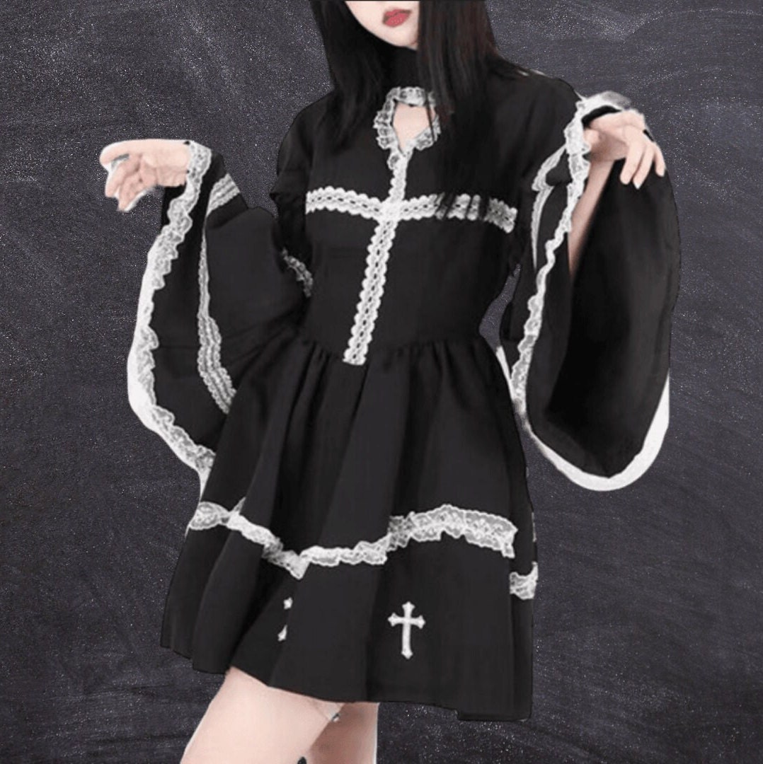 Schwarz & Weiß Kreuz verziert Gothic Lolita Kleid, Gothic Maid Kleid ...