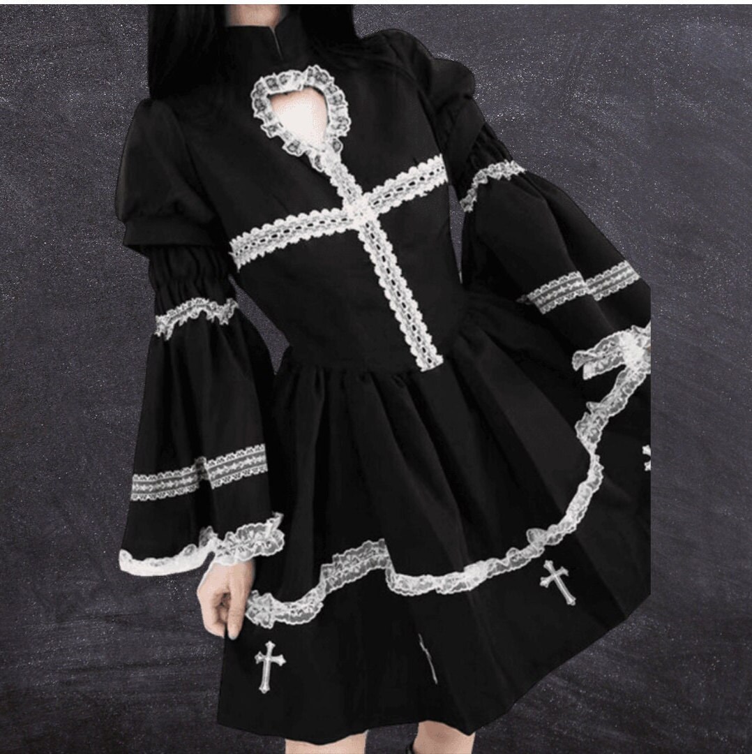 Schwarz & Weiß Kreuz verziert Gothic Lolita Kleid, Gothic Maid Kleid ...