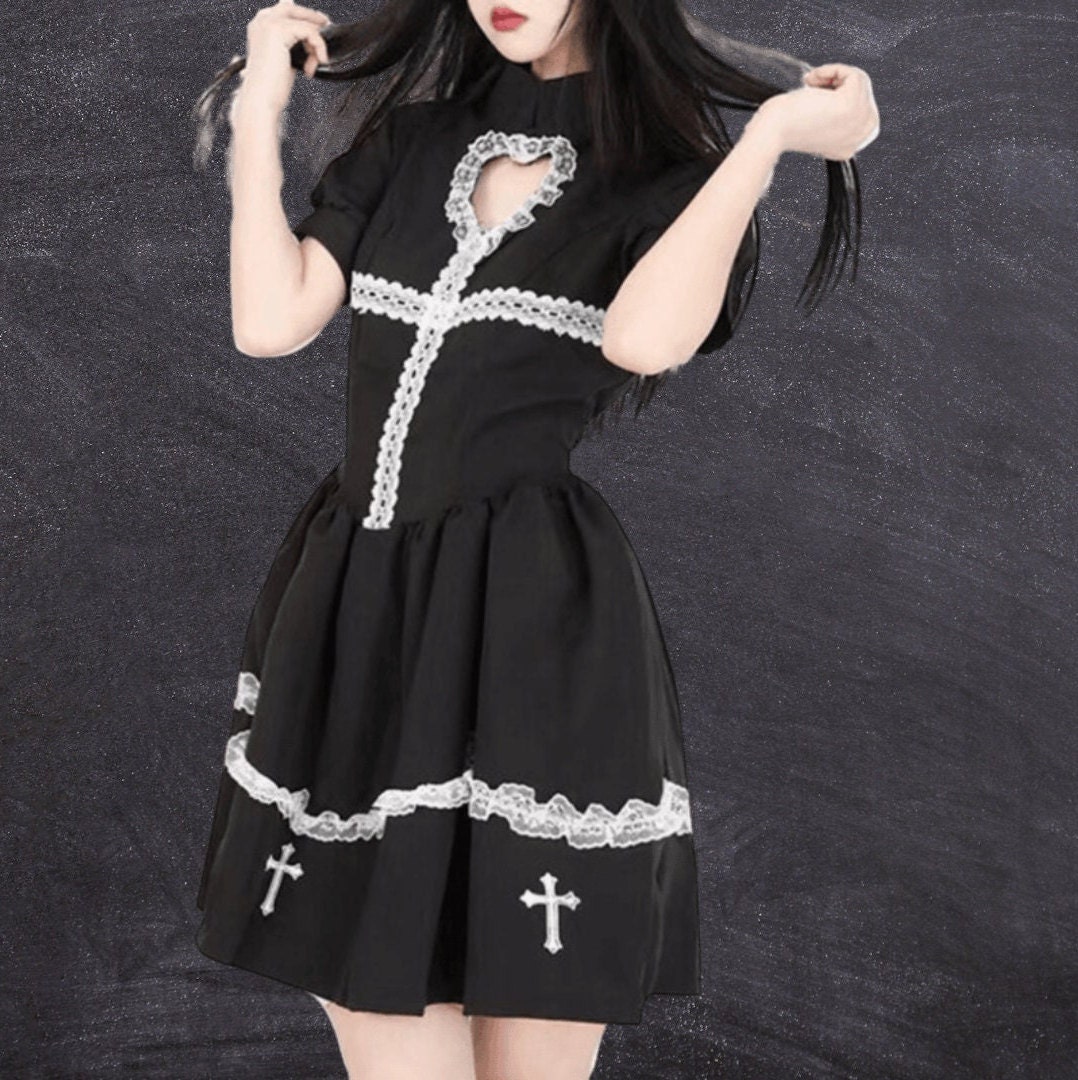 Schwarz & Weiß Kreuz verziert Gothic Lolita Kleid, Gothic Maid Kleid ...