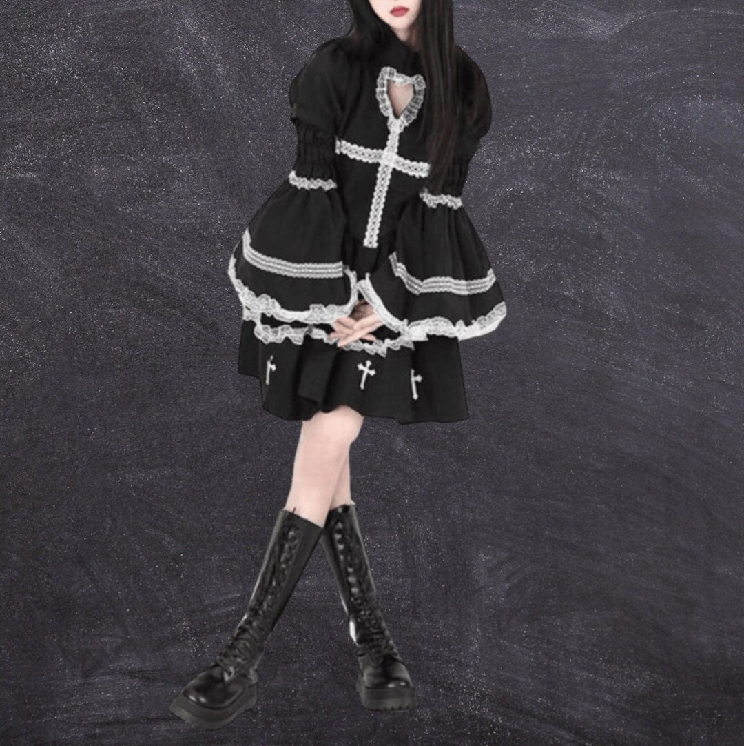 Schwarz & Weiß Kreuz verziert Gothic Lolita Kleid, Gothic Maid Kleid ...