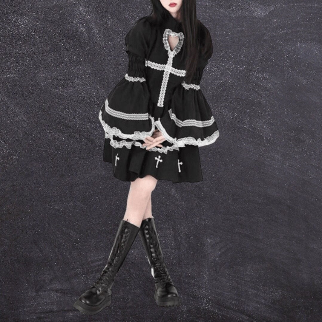 Schwarz & Weiß Kreuz verziert Gothic Lolita Kleid, Gothic Maid Kleid ...