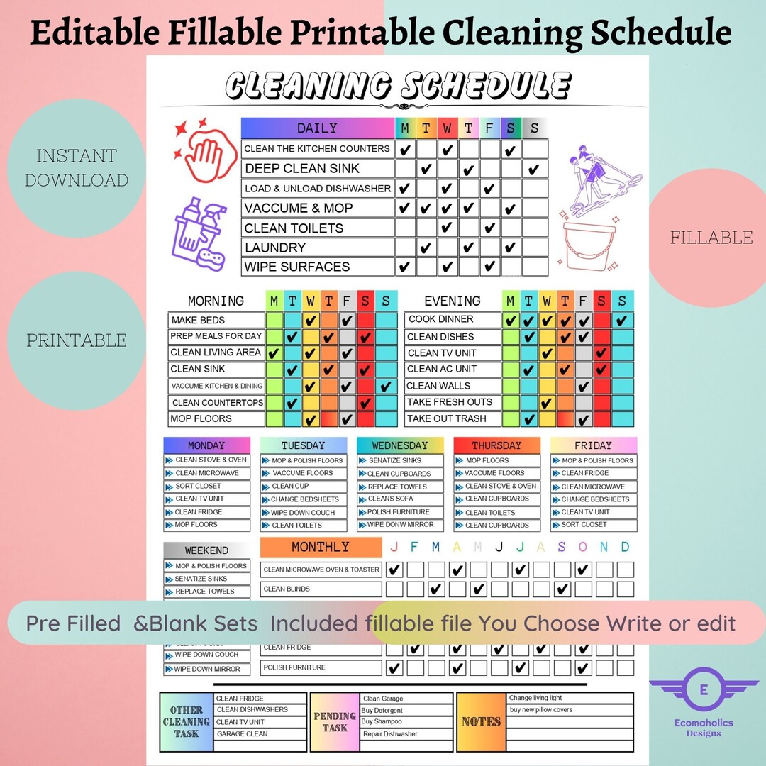 EDITABLE Cleaning Schedule , Printable, Weekly, Monthly, Yearly Cleaning Planner, Cleaning ...