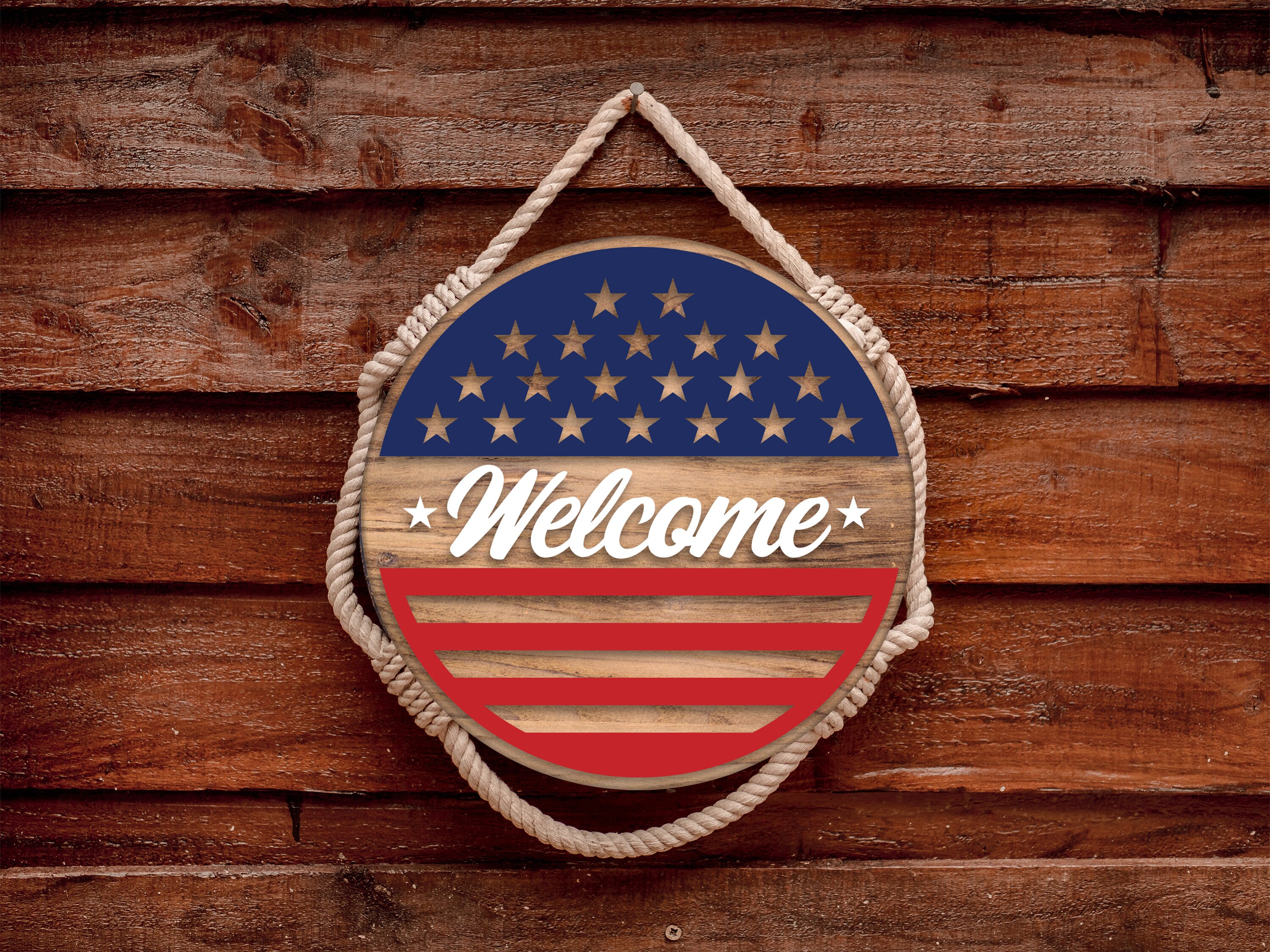 Patriotic Welcome Round Sign, July 4th Door Decor SVG, Independence Day ...