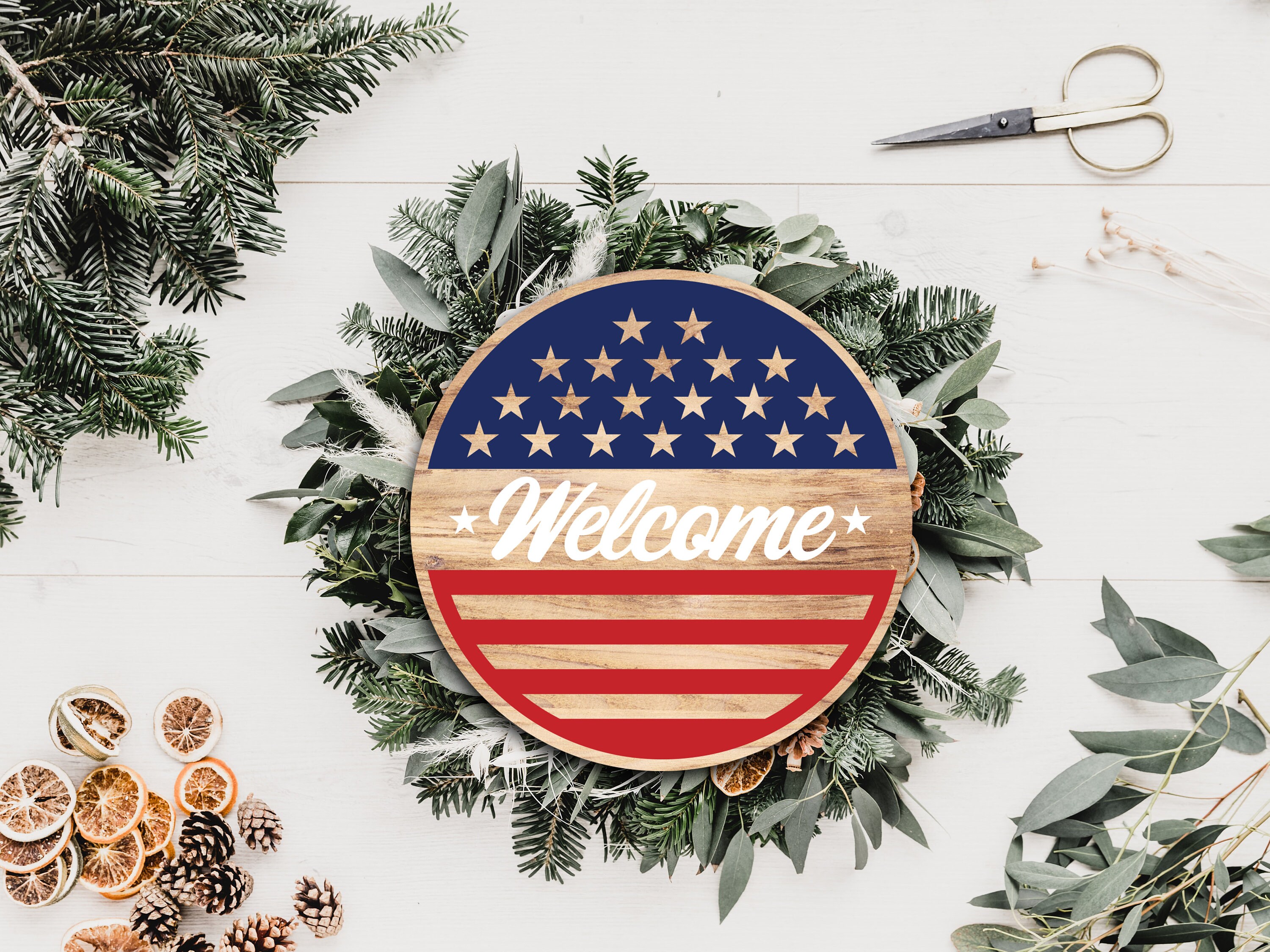 Patriotic Welcome Round Sign, July 4th Door Decor SVG, Independence Day ...