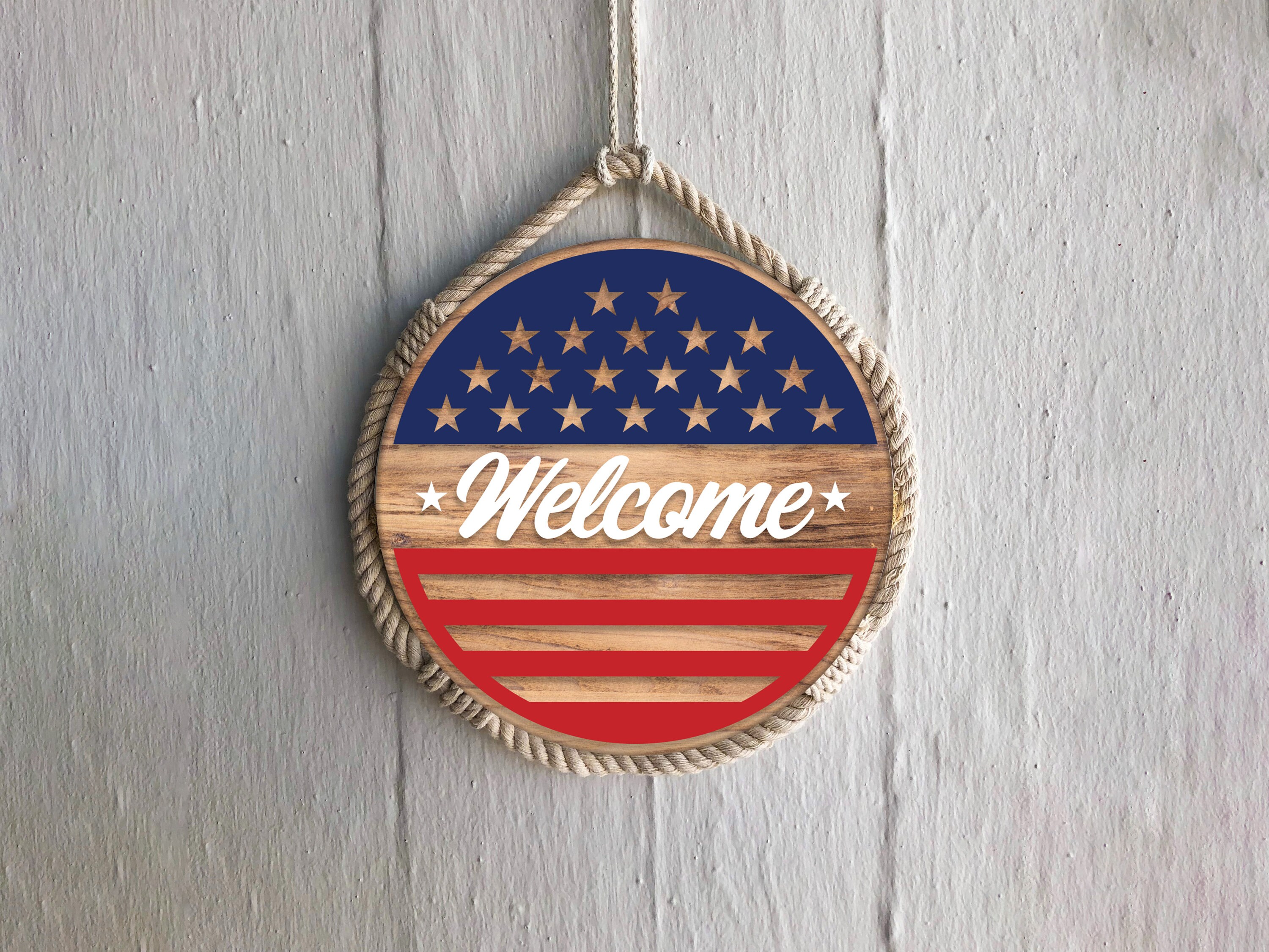 Patriotic Welcome Round Sign, July 4th Door Decor SVG, Independence Day ...