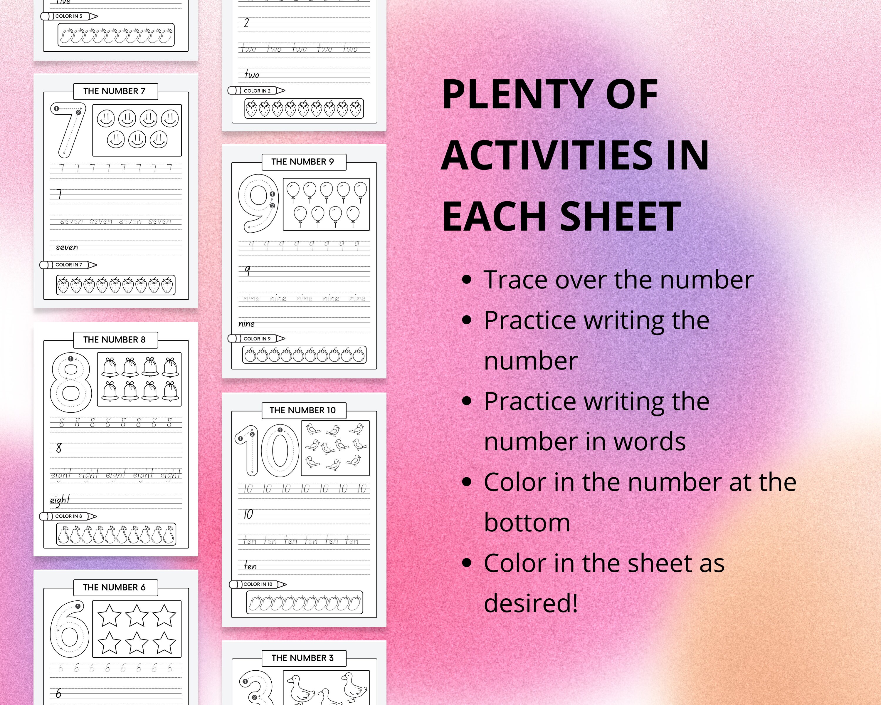 Number Worksheet 1-10, Printable, Trace, Practice, Write, Color ...