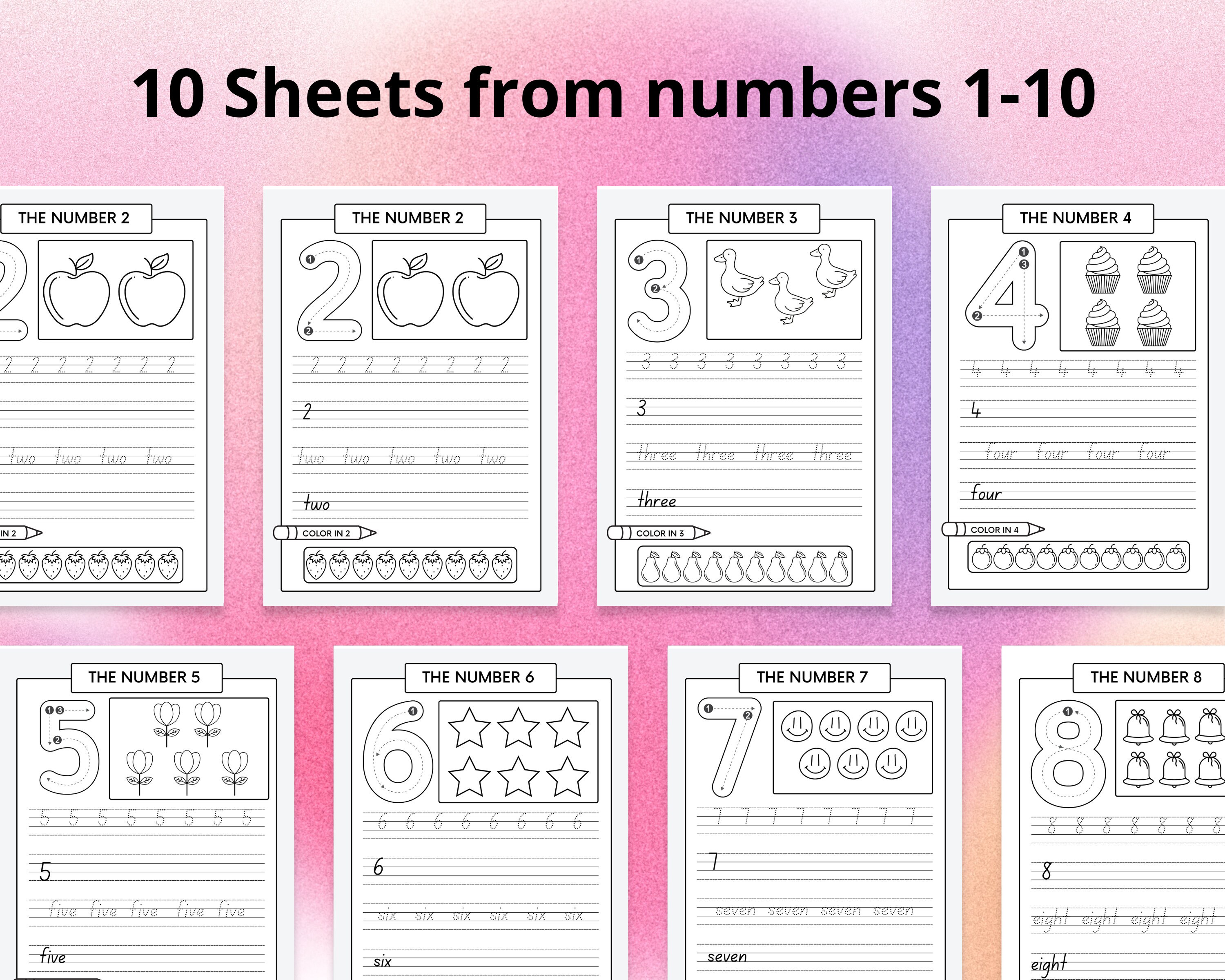 Number Worksheet 1-10, Printable, Trace, Practice, Write, Color ...