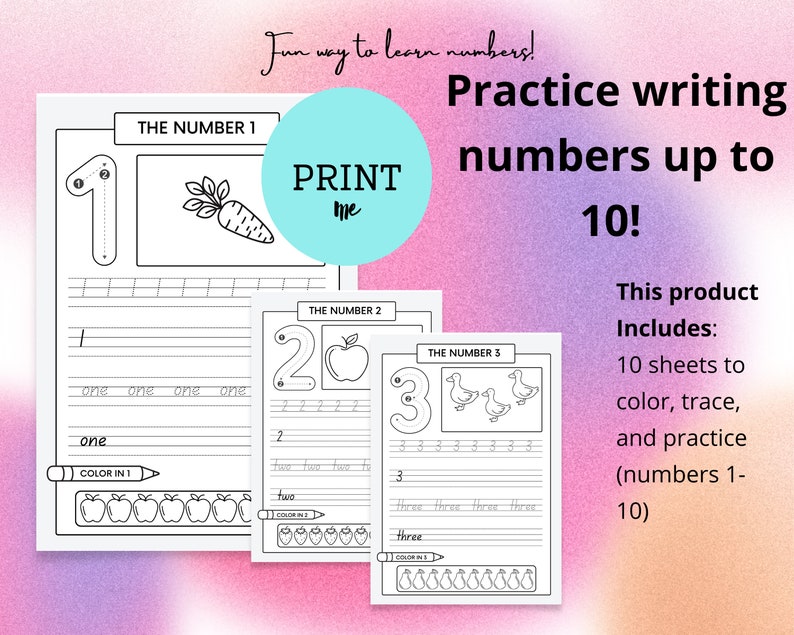 Number Worksheet 1-10, Printable, Trace, Practice, Write, Color ...