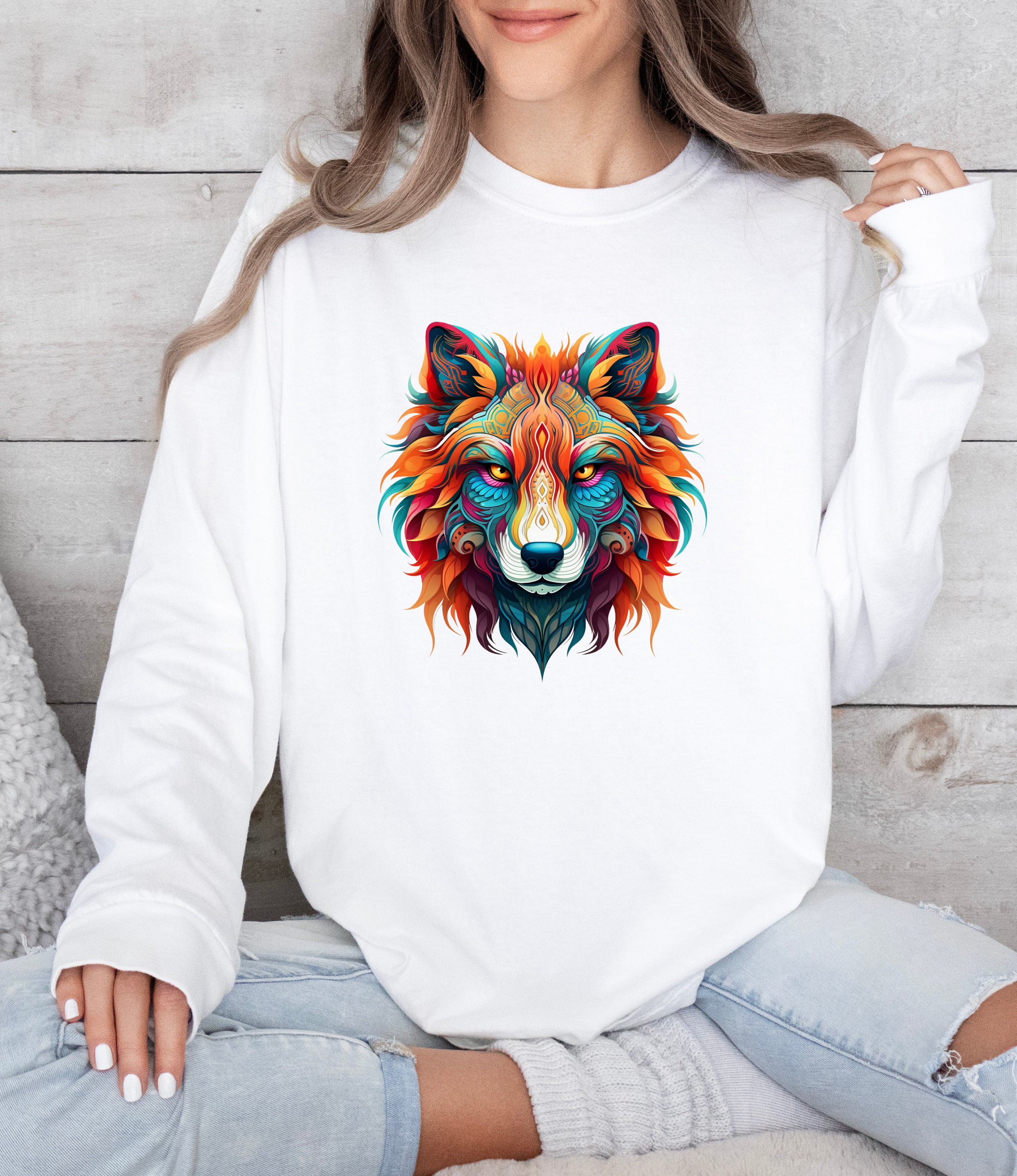 Wolf Long Sleeve T-shirt Wolf Spiritual Totem Shirt Colorful Wolf Shirt ...