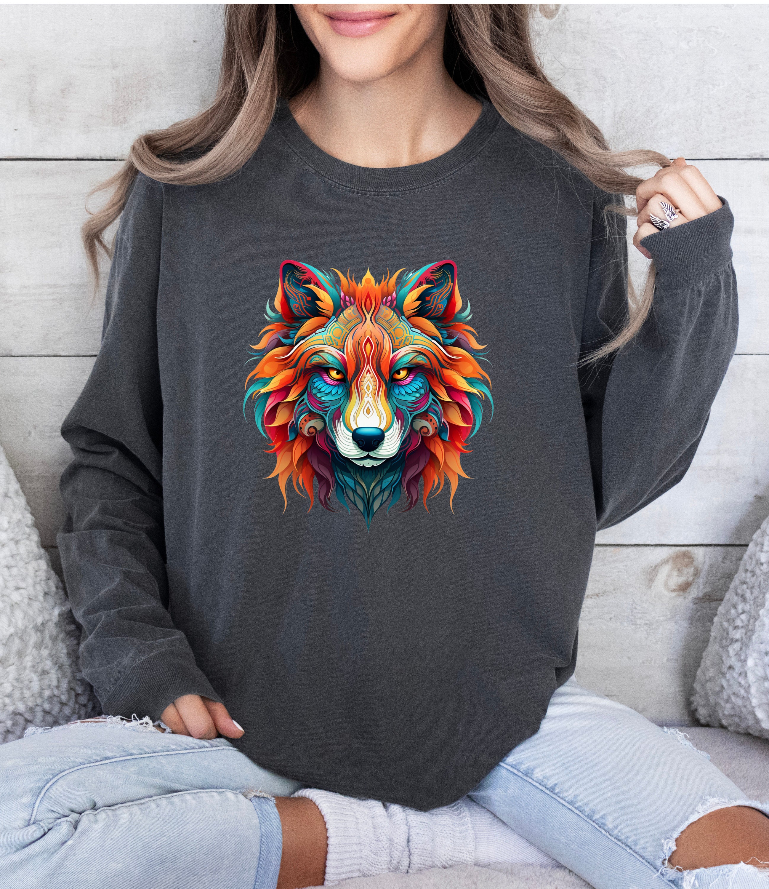 Wolf Long Sleeve T-shirt Wolf Spiritual Totem Shirt Colorful Wolf Shirt ...