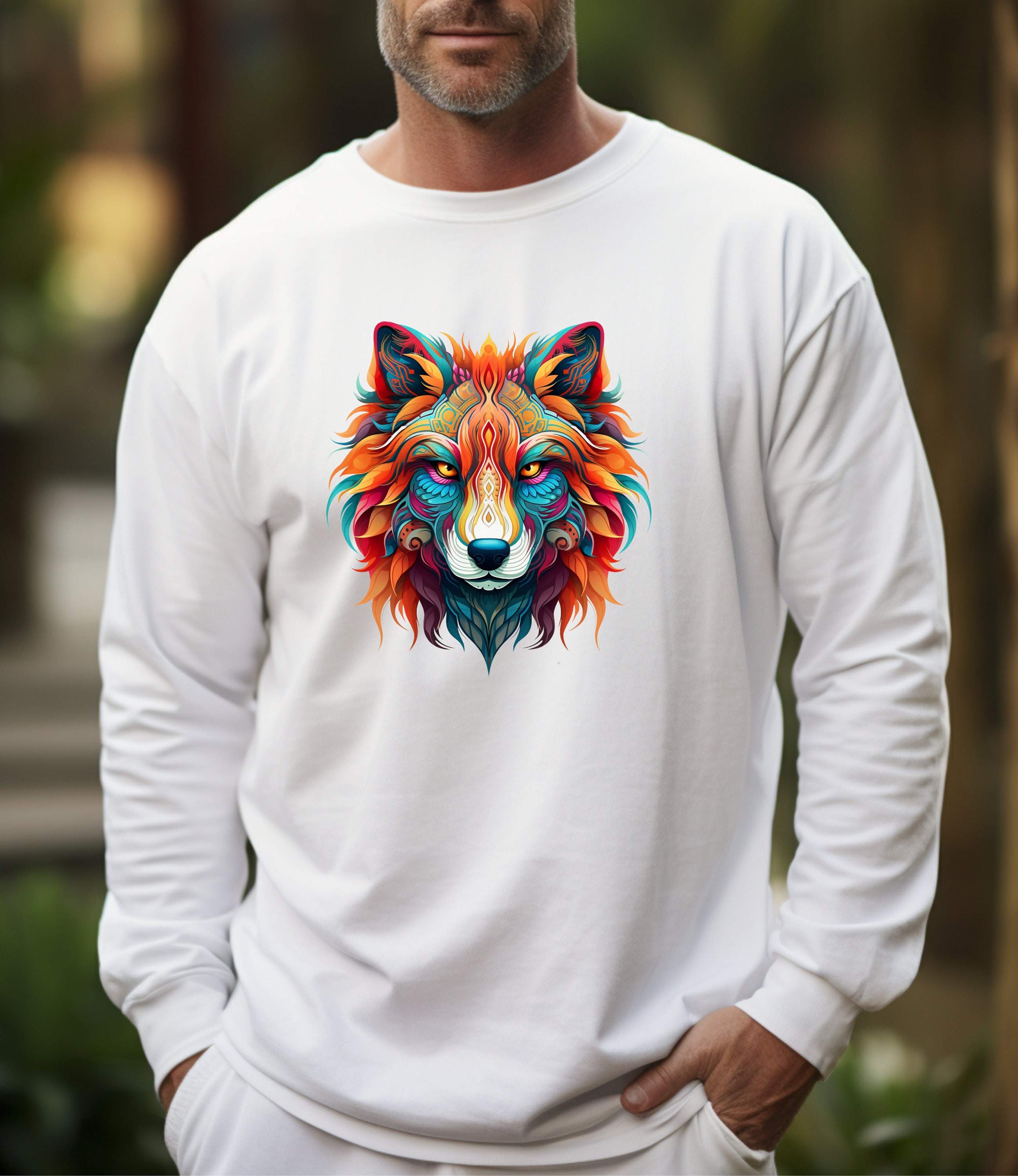 Wolf Long Sleeve T-shirt Wolf Spiritual Totem Shirt Colorful Wolf Shirt ...