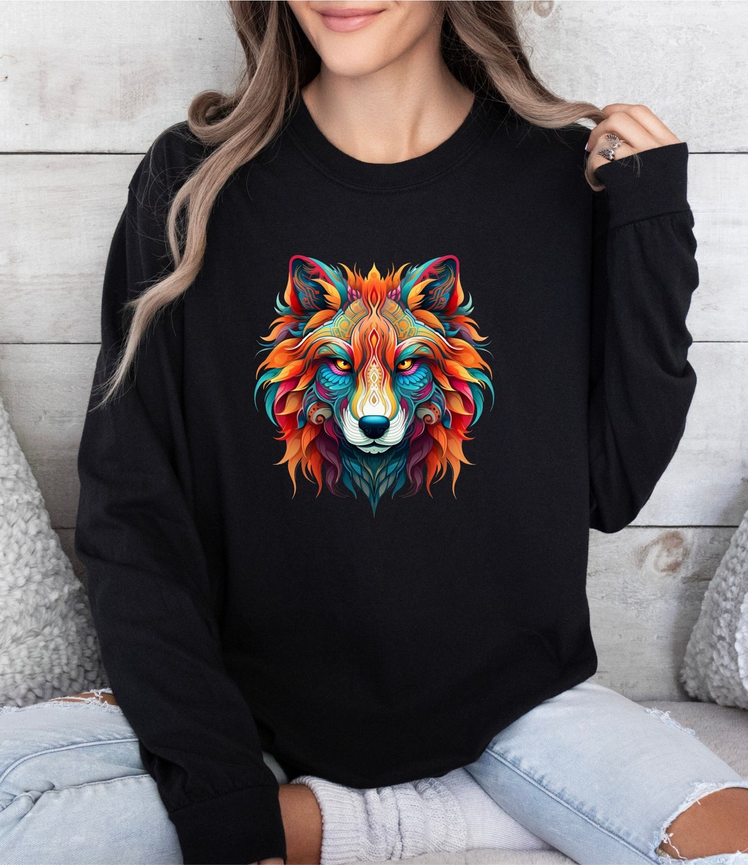 Wolf Long Sleeve T-shirt Wolf Spiritual Totem Shirt Colorful Wolf Shirt ...