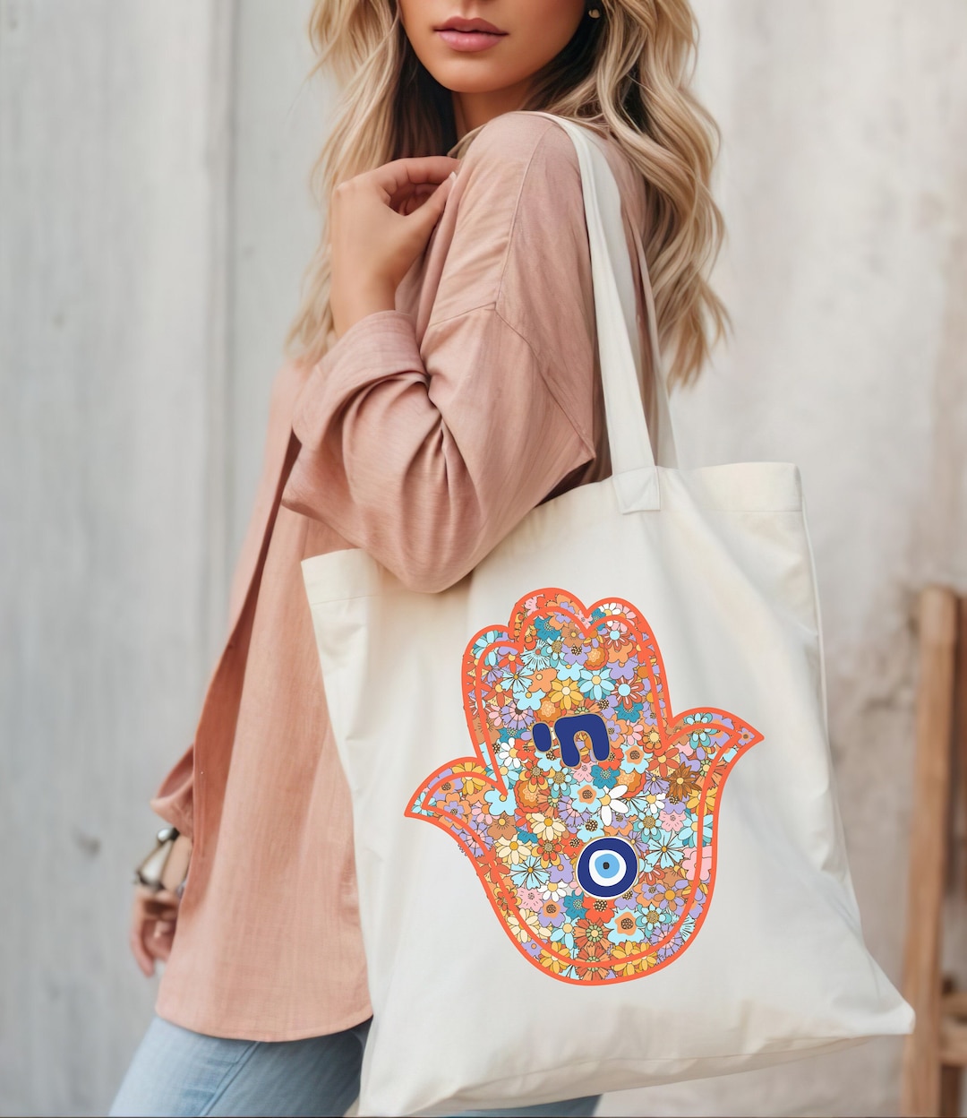 Hamsa Tote Bag, Chai Hebrew Blessing, Cotton Canvas Floral Tote Bag ...