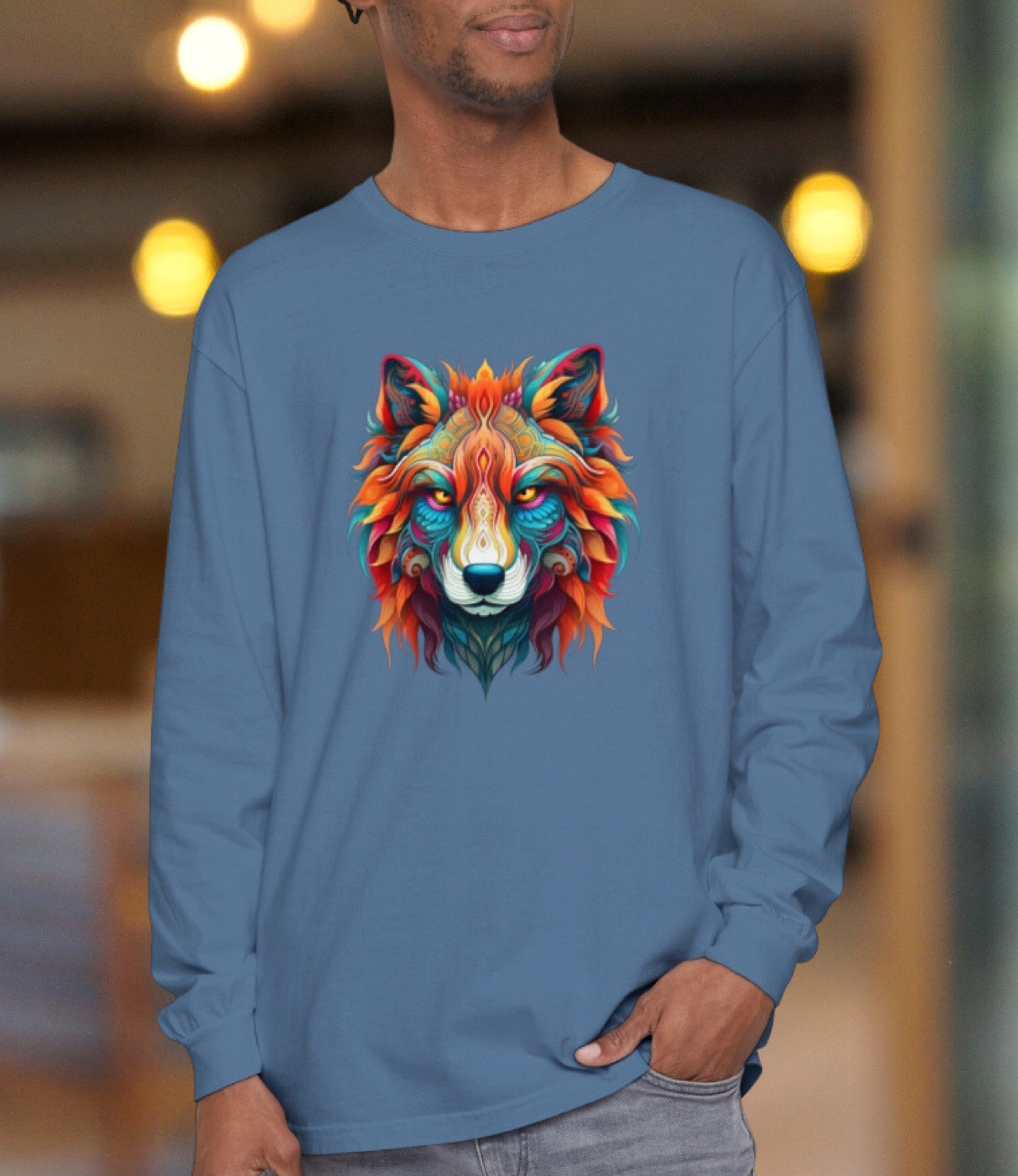 Wolf Long Sleeve T-shirt Wolf Spiritual Totem Shirt Colorful Wolf Shirt ...